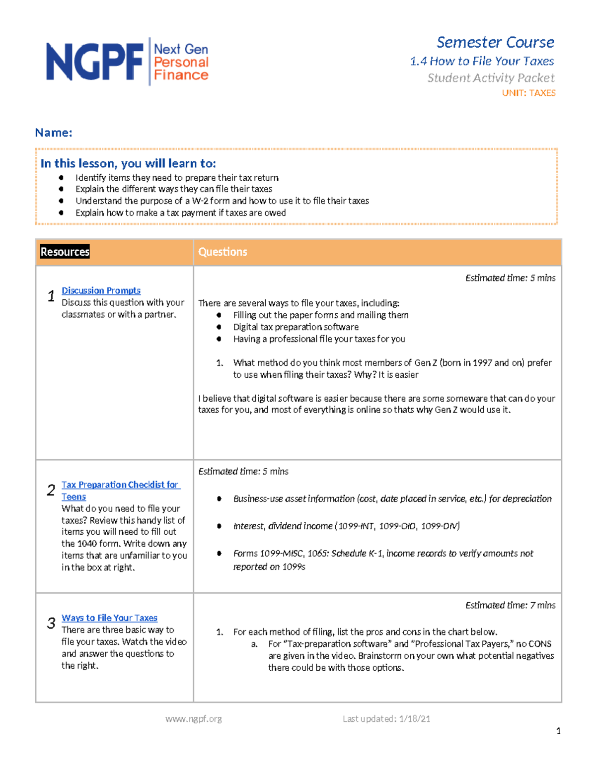 Copy of Copy of Taxes - Lesson 4 - Semester Course 1 How to File Your ...