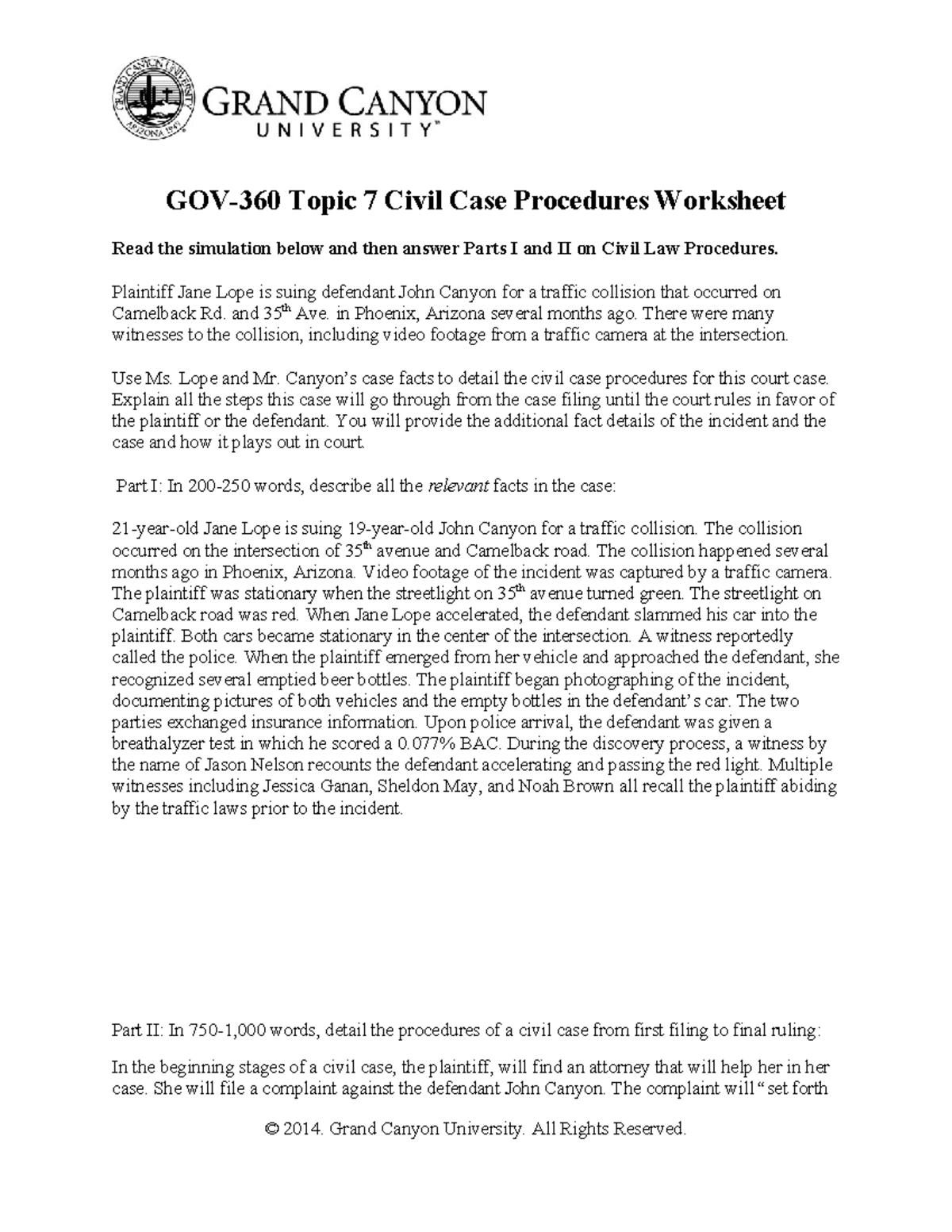 Civil Case Procedures Worksheet - Plaintiff Jane Lope is suing ...