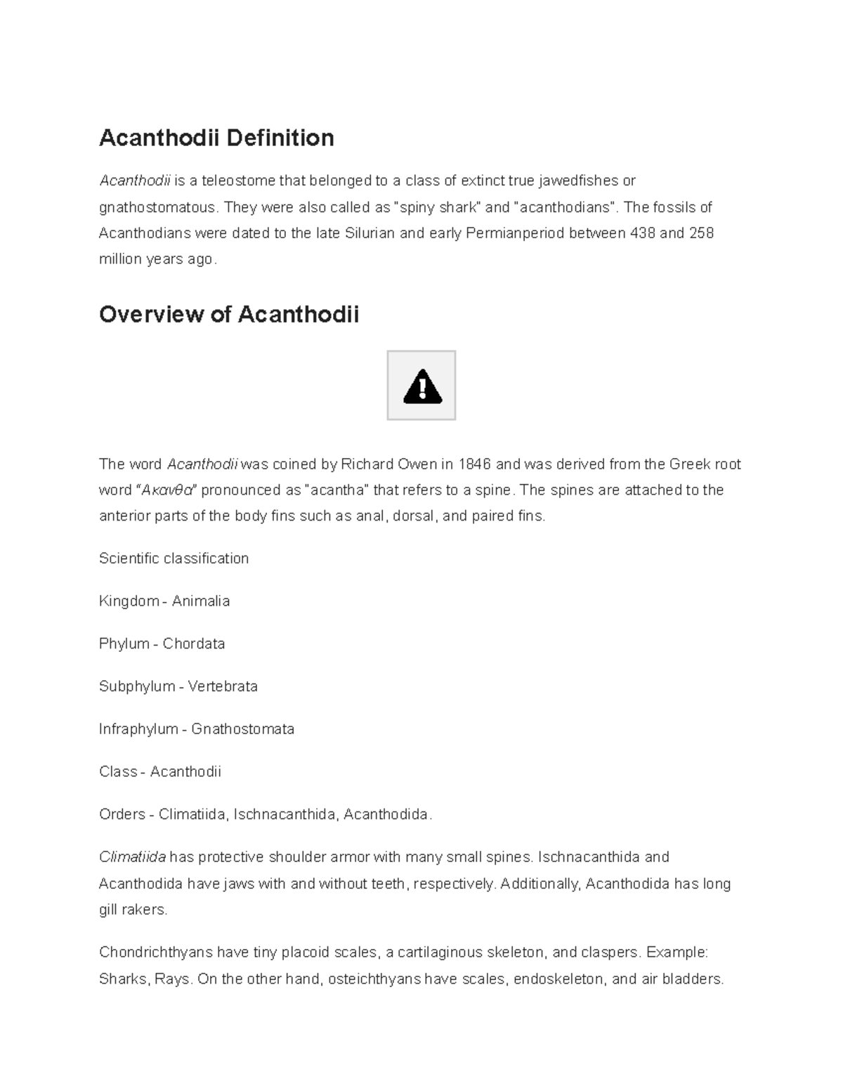 Biology (29) - Acanthodii Definition Acanthodii is a teleostome that ...