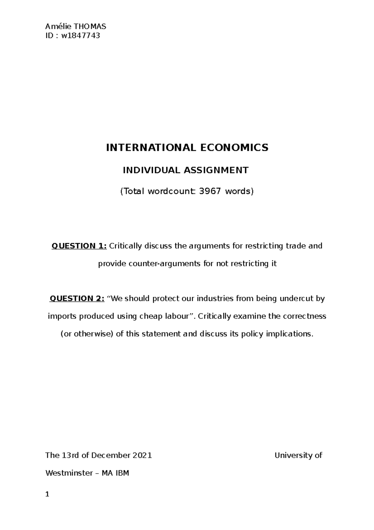 Individual assignment - INT. ECO - INTERNATIONAL ECONOMICS INDIVIDUAL ...