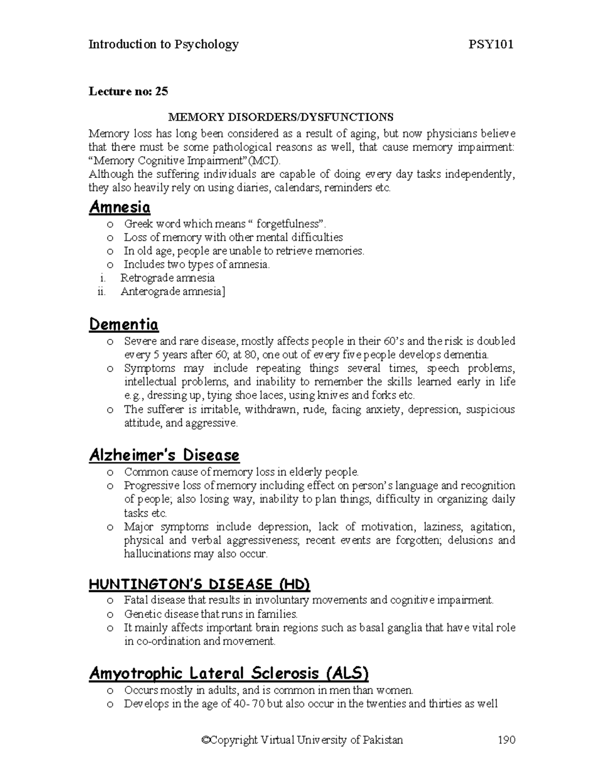 Lesson 25 - Lecture no: 25 MEMORY DISORDERS/DYSFUNCTIONS Memory loss ...