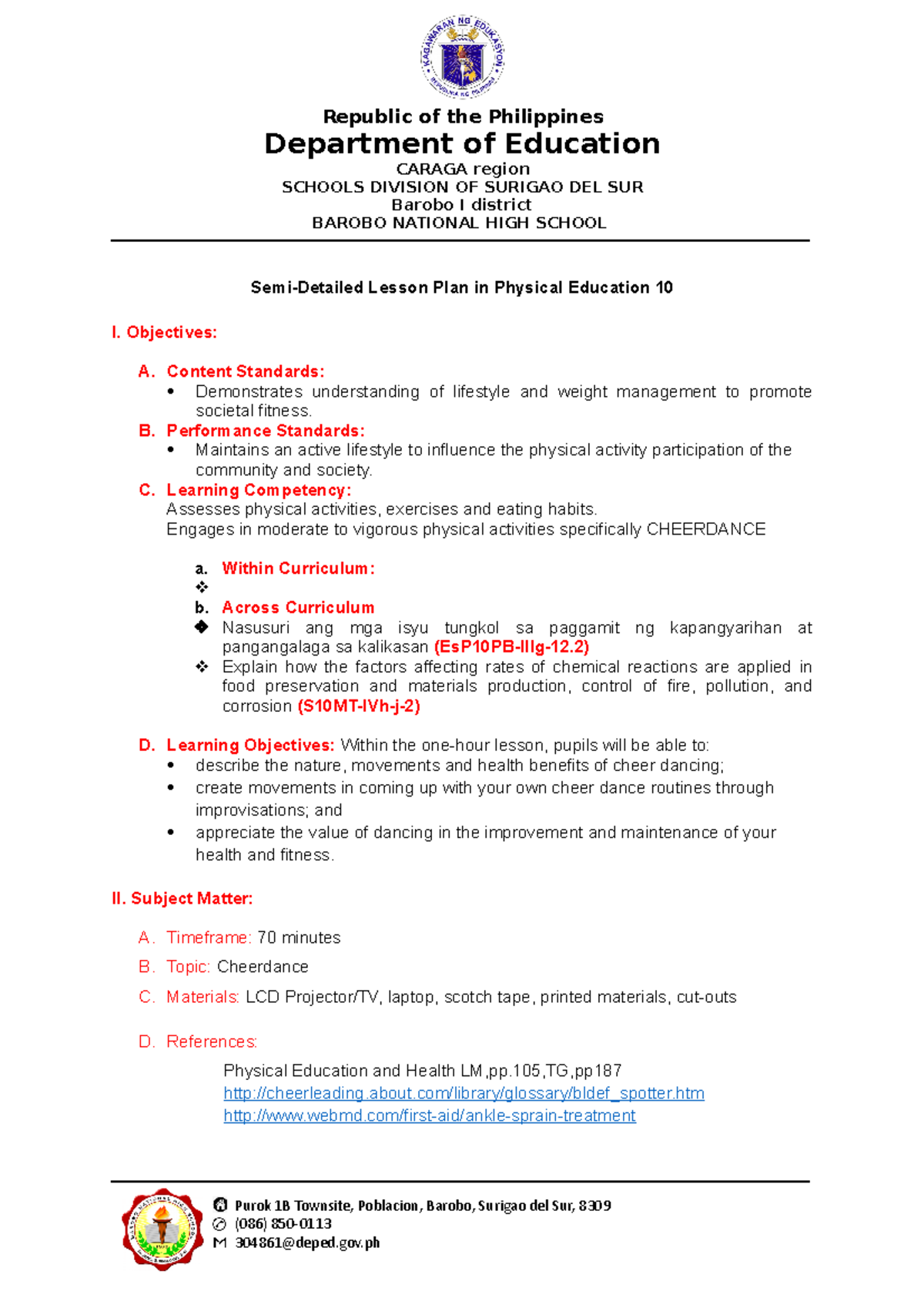 Lesson Plan in Physical Education 10 - Objectives: A. Content Standards ...