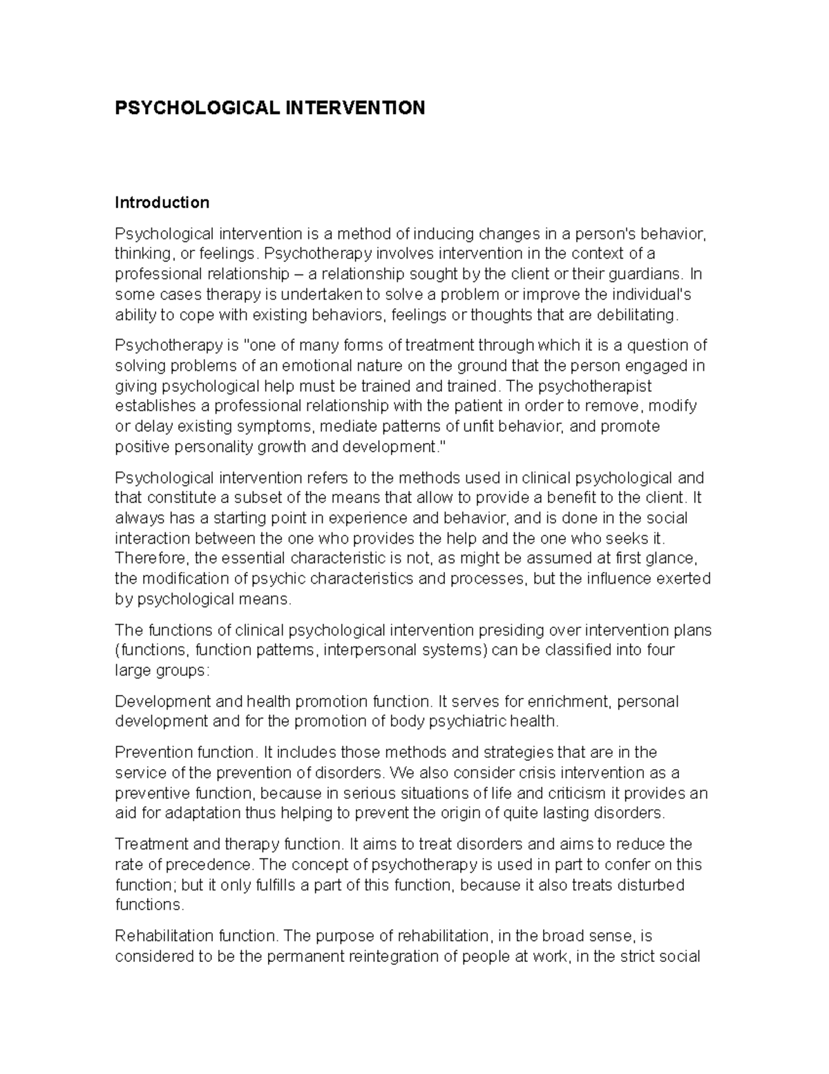 Psychological intervention - PSYCHOLOGICAL INTERVENTION Introduction ...