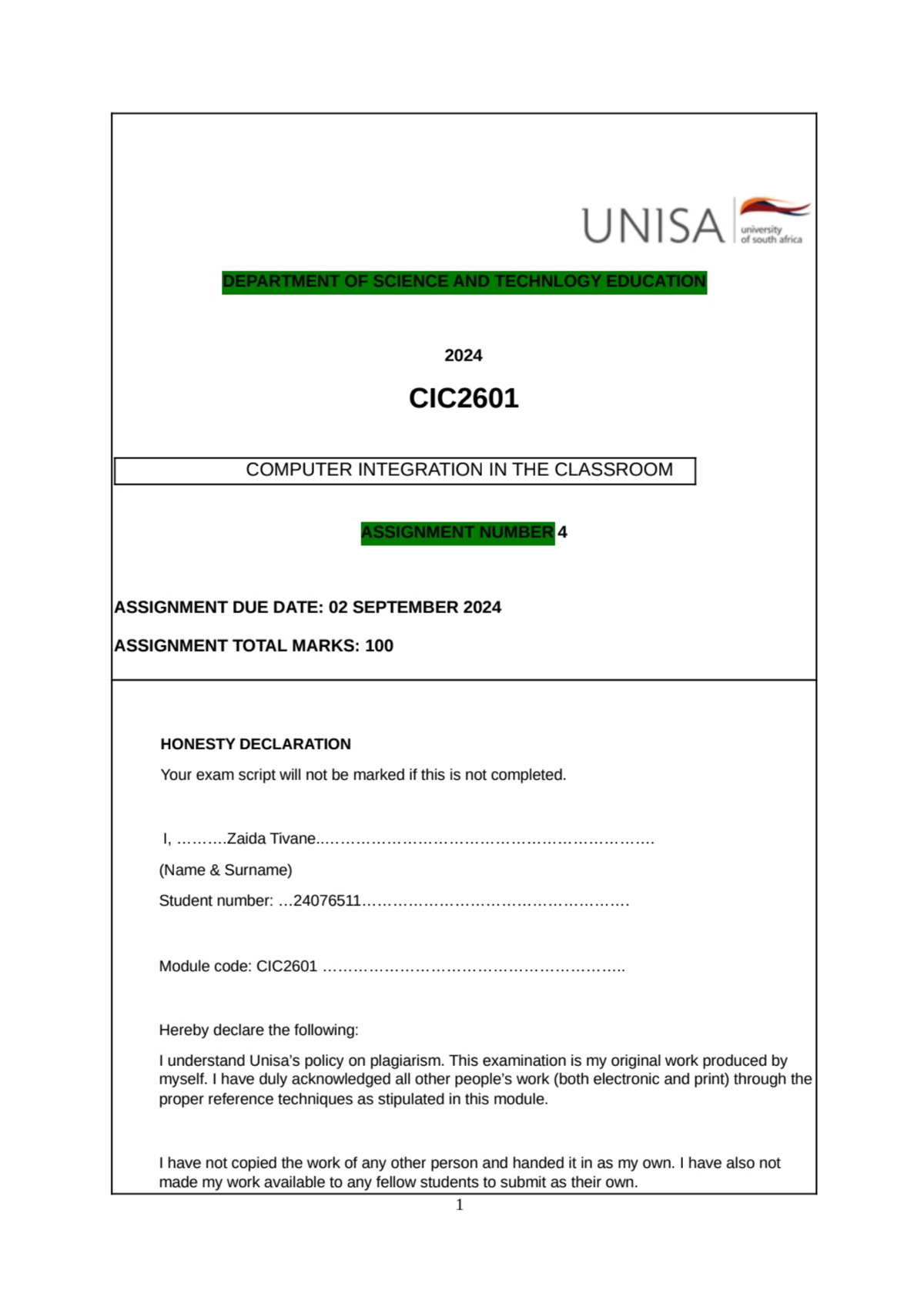 Assessment 4 - Assignment - UNISA university of south africa DEPARTMENT ...