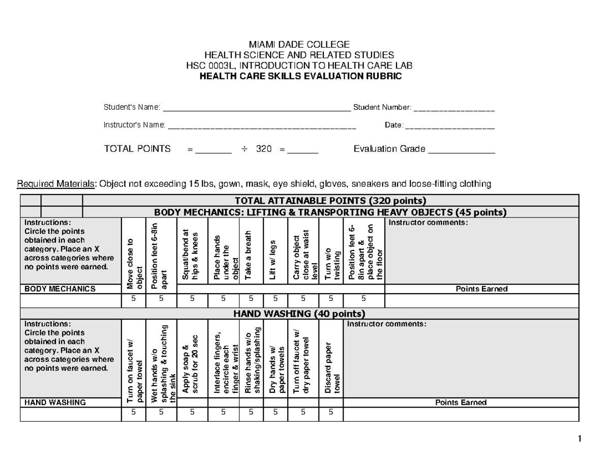 HSC0003L Health Care Skills Eval Rubric Rev 12-2020PI - HSC 0003L ...