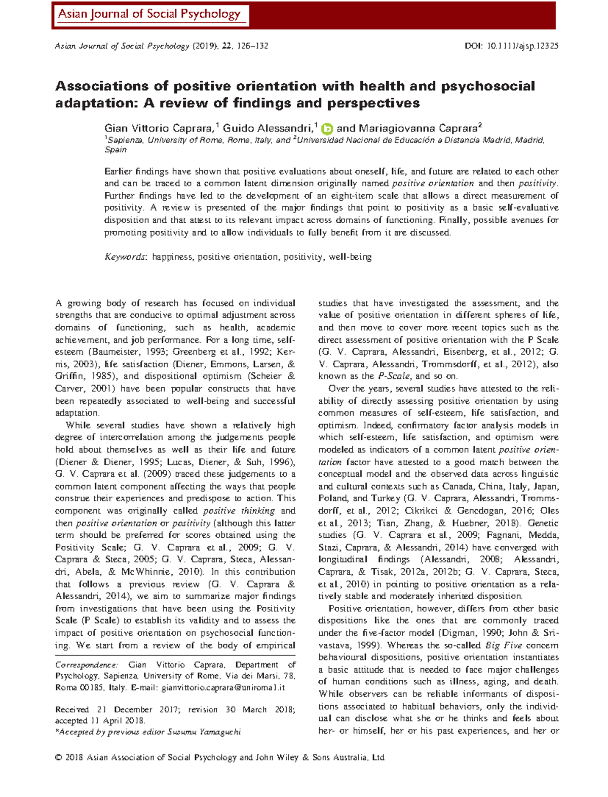 Caprara et al 2019 (POS) - Associations of positive orientation with ...