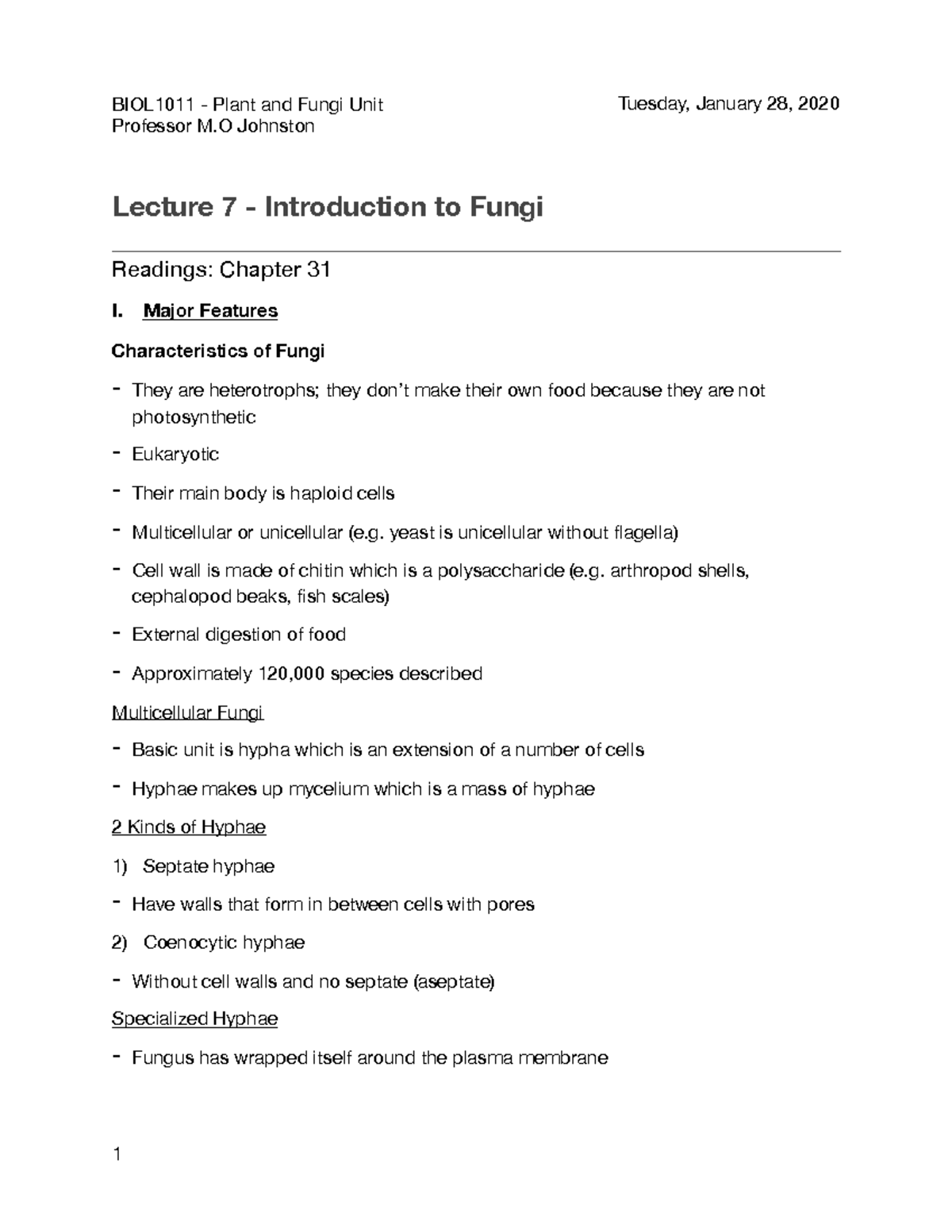 Lecture 7 - Introduction to Fungi - Professor M Johnston Lecture 7 ...