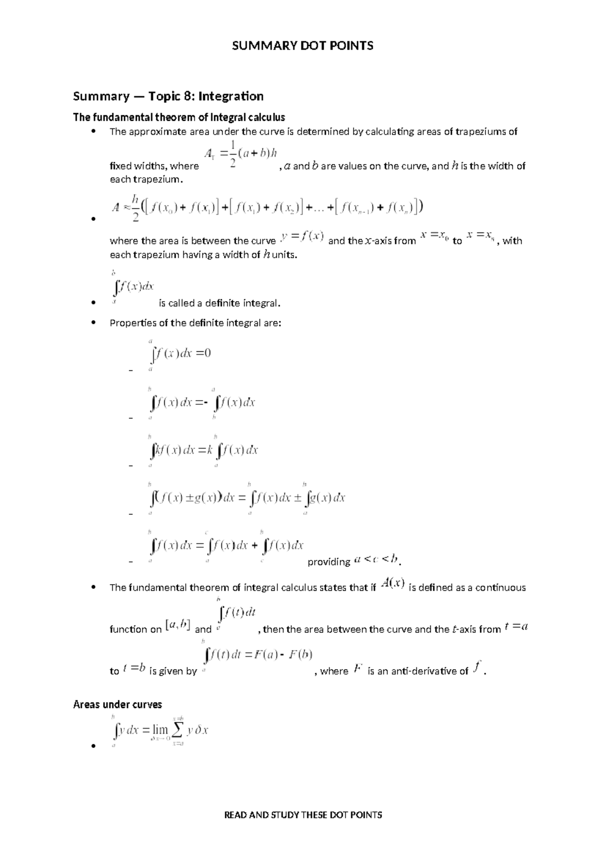 Summary Dot Points - Topic 8 - SUMMARY DOT POINTS Summary — Topic 8: Integration The fundamental ...