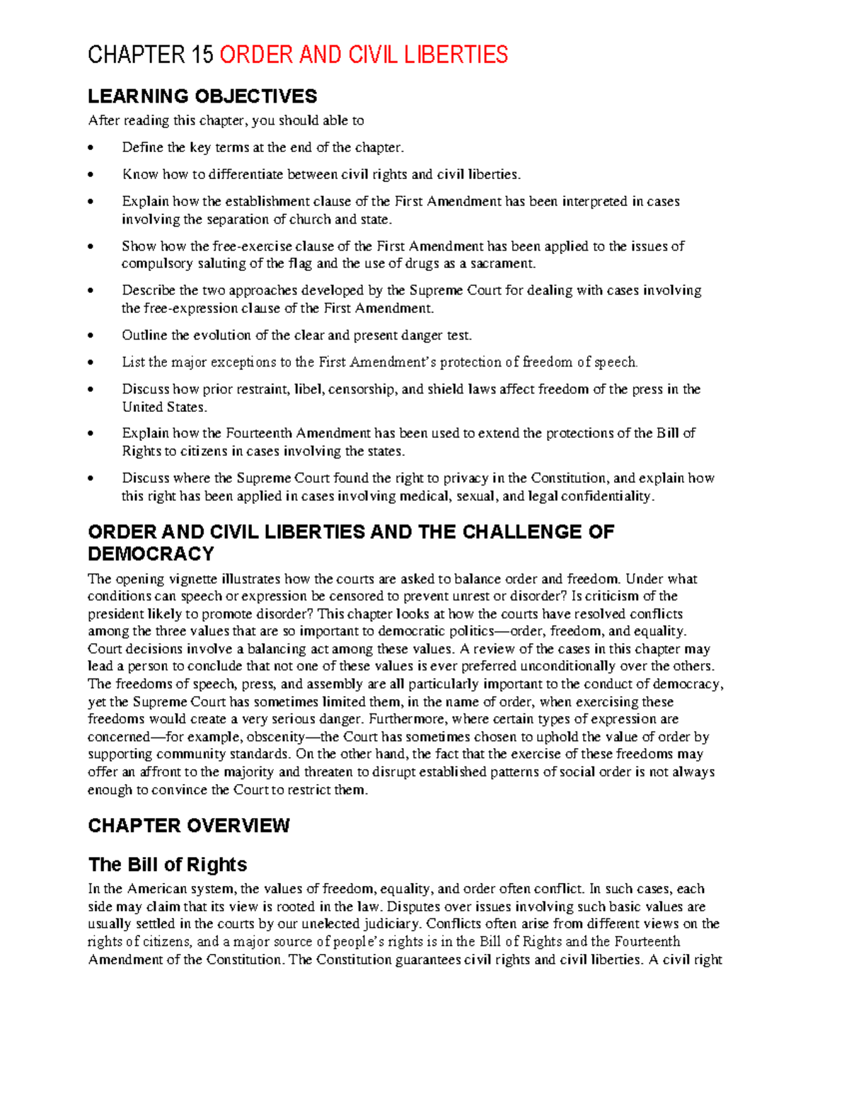 Ch15 Order and Civil Liberties Exam - CHAPTER 15 ORDER AND CIVIL LIBERTIES LEARNING OBJECTIVES ...