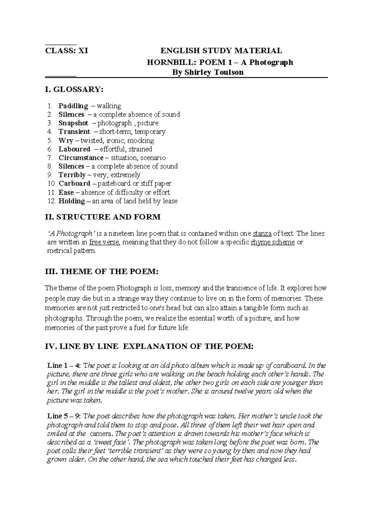 Hornbill - POEM 1 – A Photograph - CLASS: XI ENGLISH STUDY MATERIAL ...