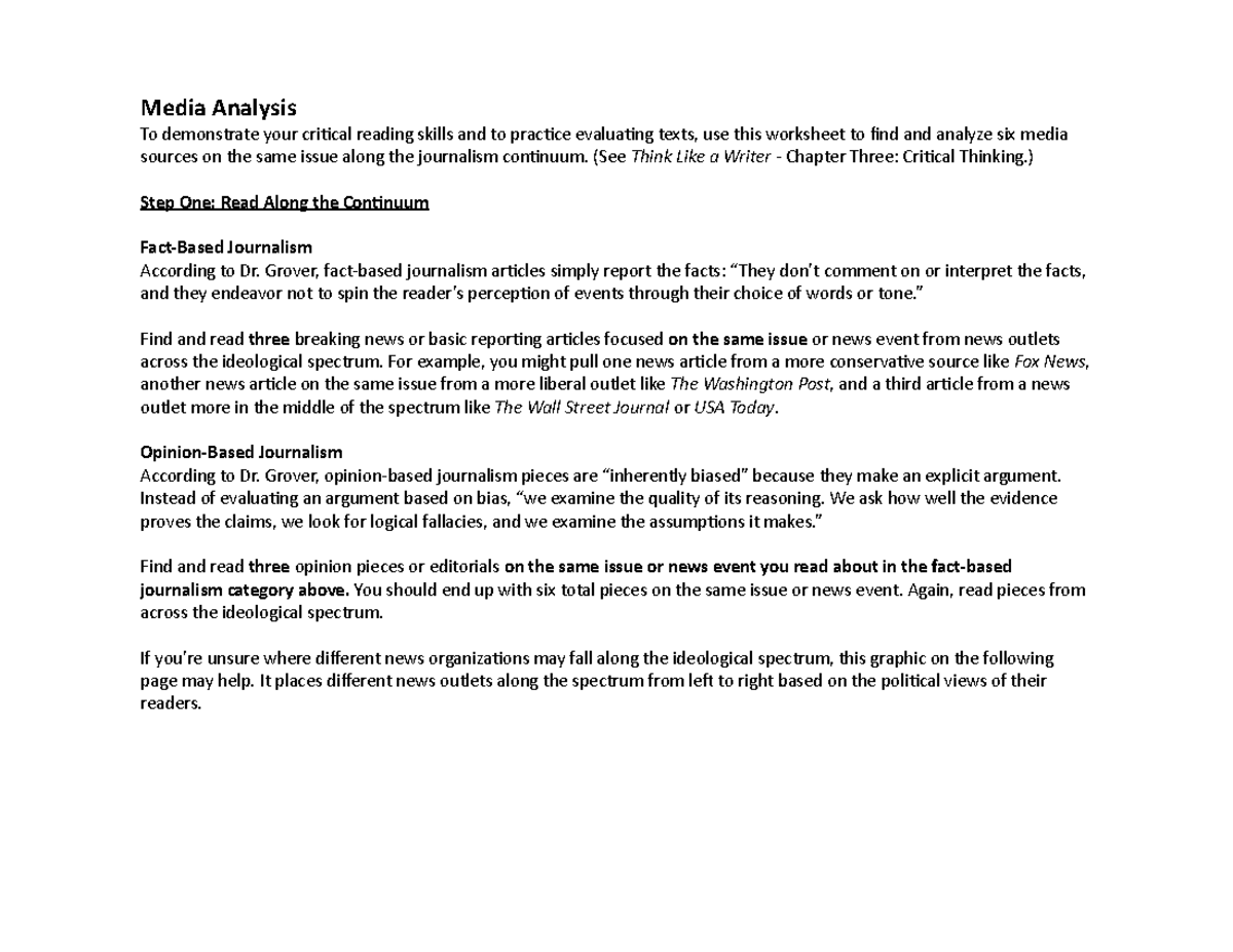 Media Analysis Worksheet - Media Analysis To demonstrate your critical ...