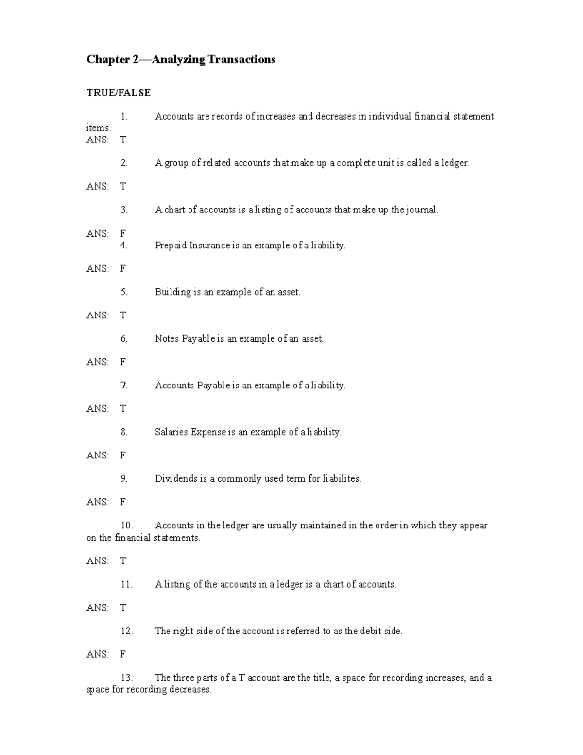 CA5101 - Analyzing Transaction Answer - Chapter 2—Analyzing Transactions TRUE/FALSE Accounts are ...