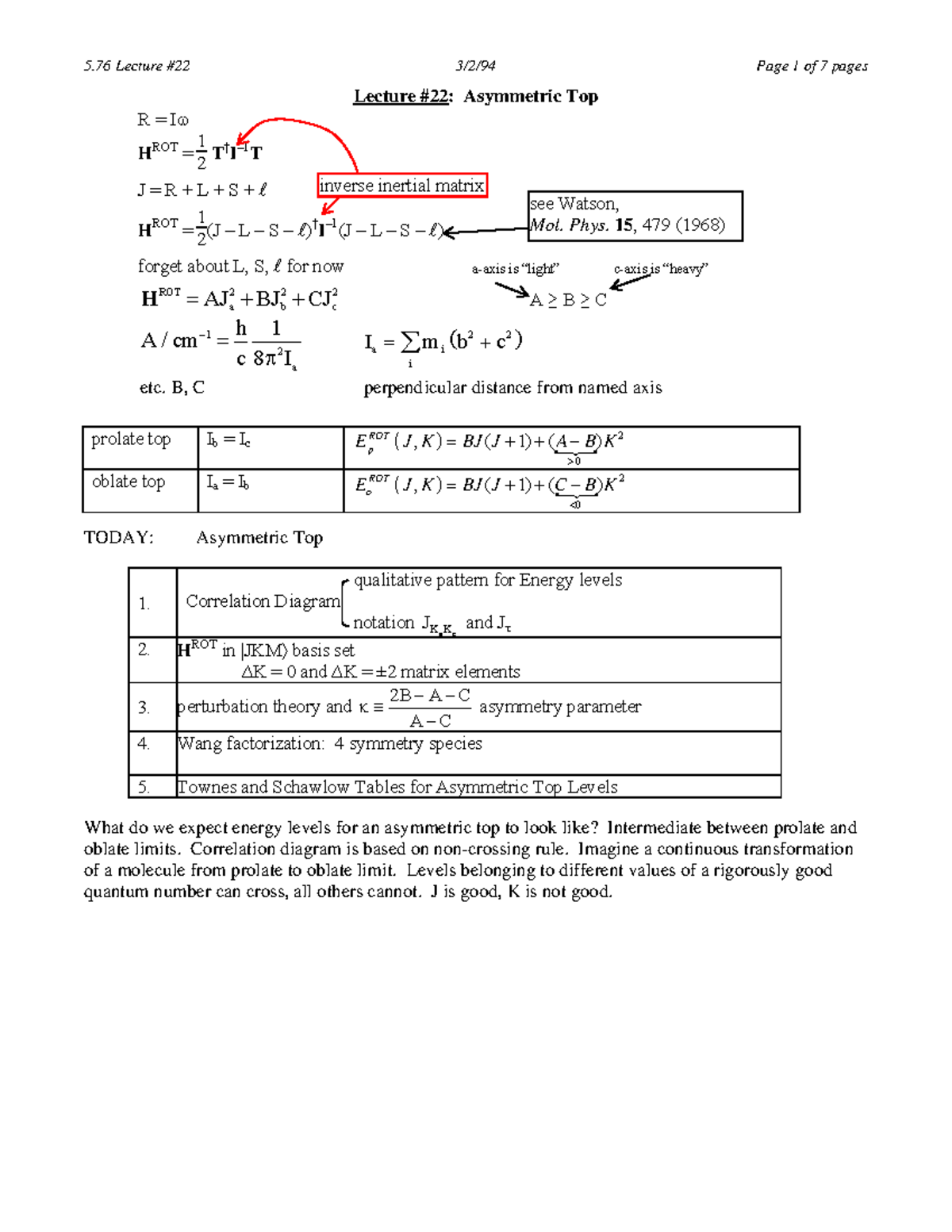 Lec22 - lecture notes for Molecular Spectra and Molecular Structure ...