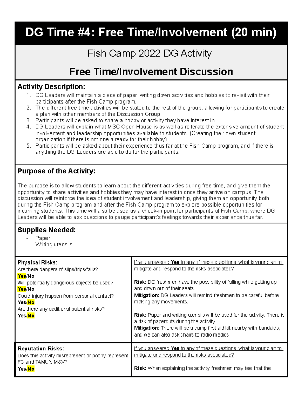 DG TIME 4 - dfghjkl; - DG Time #4: Free Time/Involvement (20 min) Fish ...