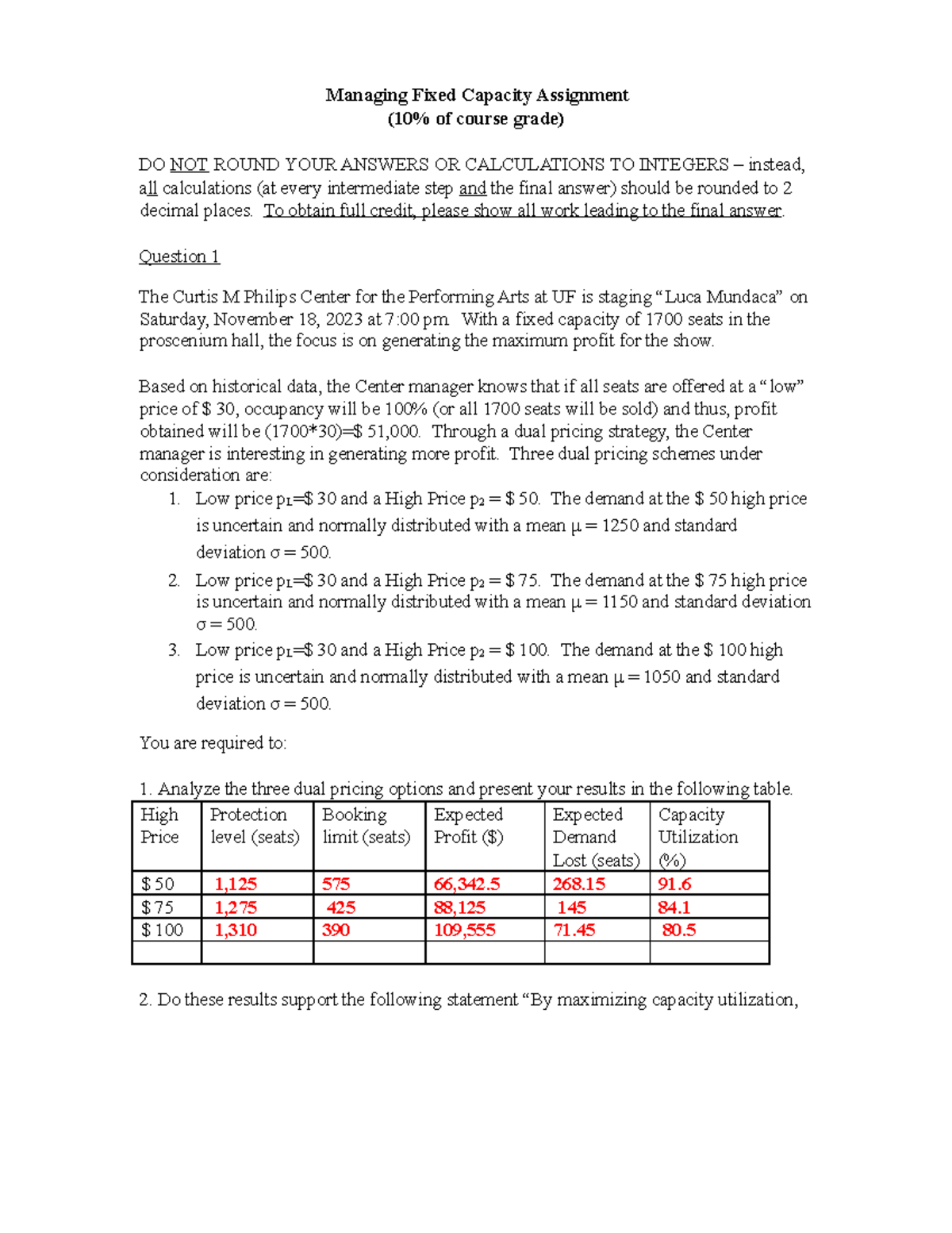 Assignment Managing Fixed Capacity - Managing Fixed Capacity Assignment (10% of course grade) DO ...