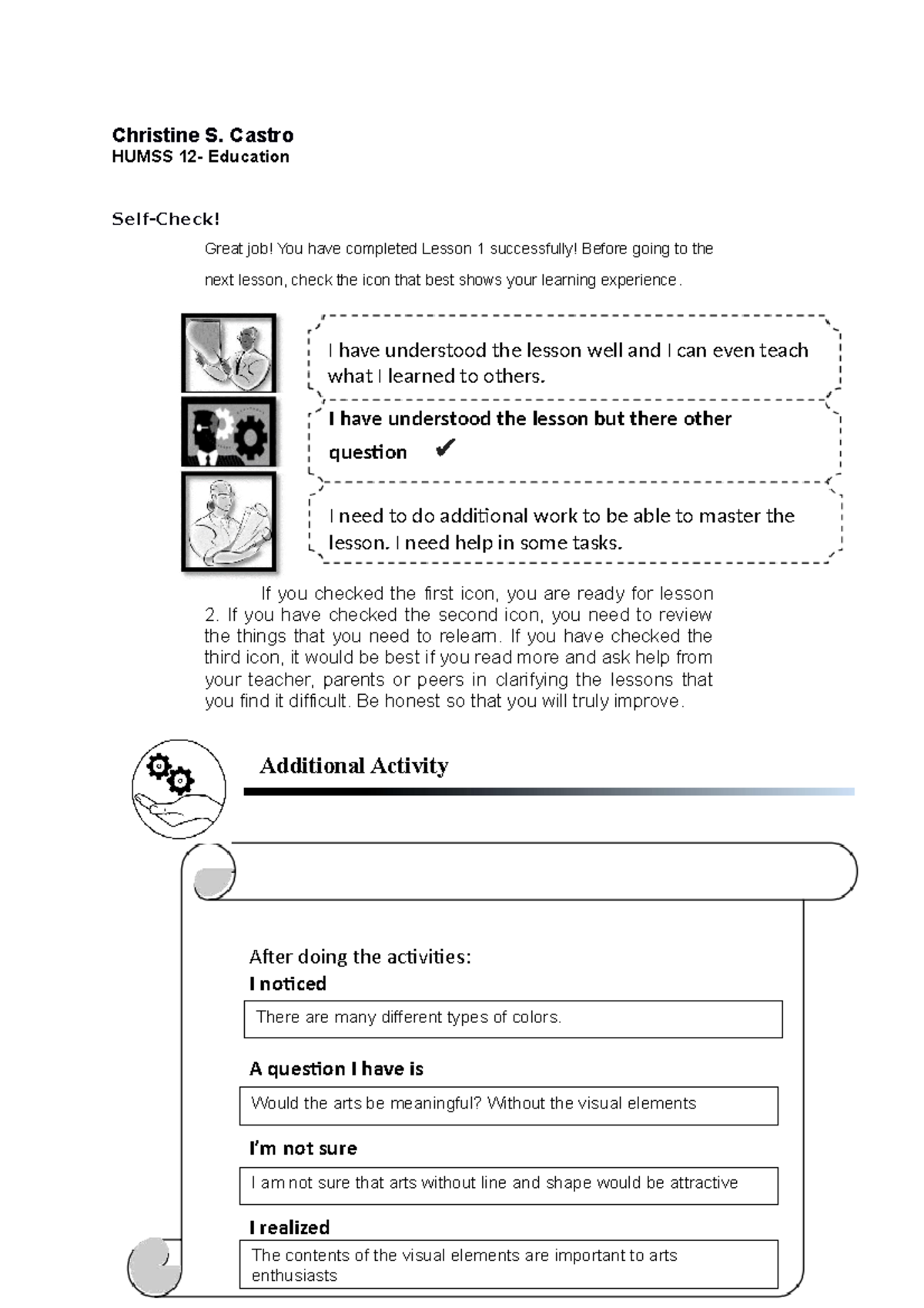 Lesson 1 Self check - I have understood the lesson well and I can even ...