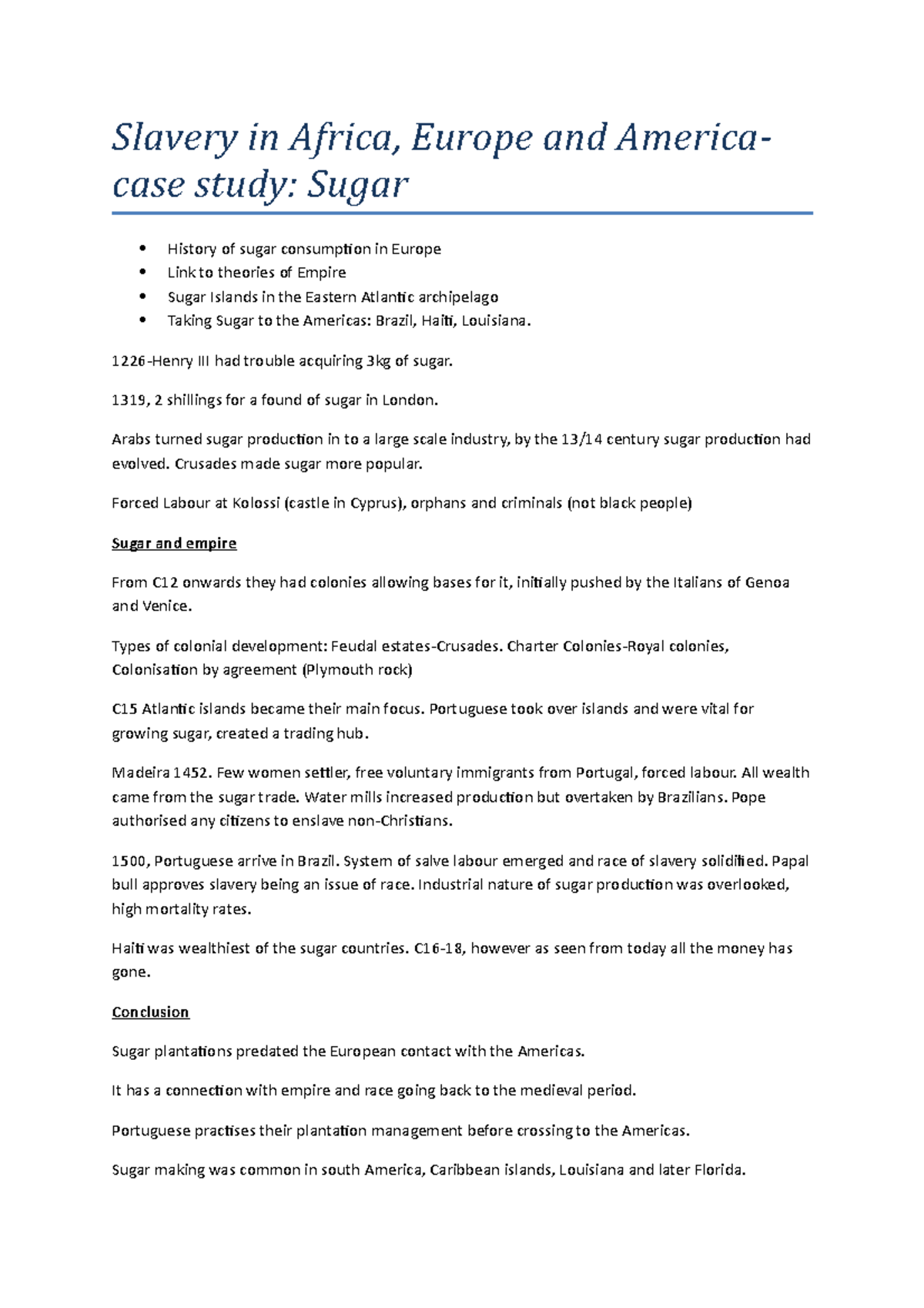 Case Study Sugar - Slavery in Africa, Europe and America- case study ...