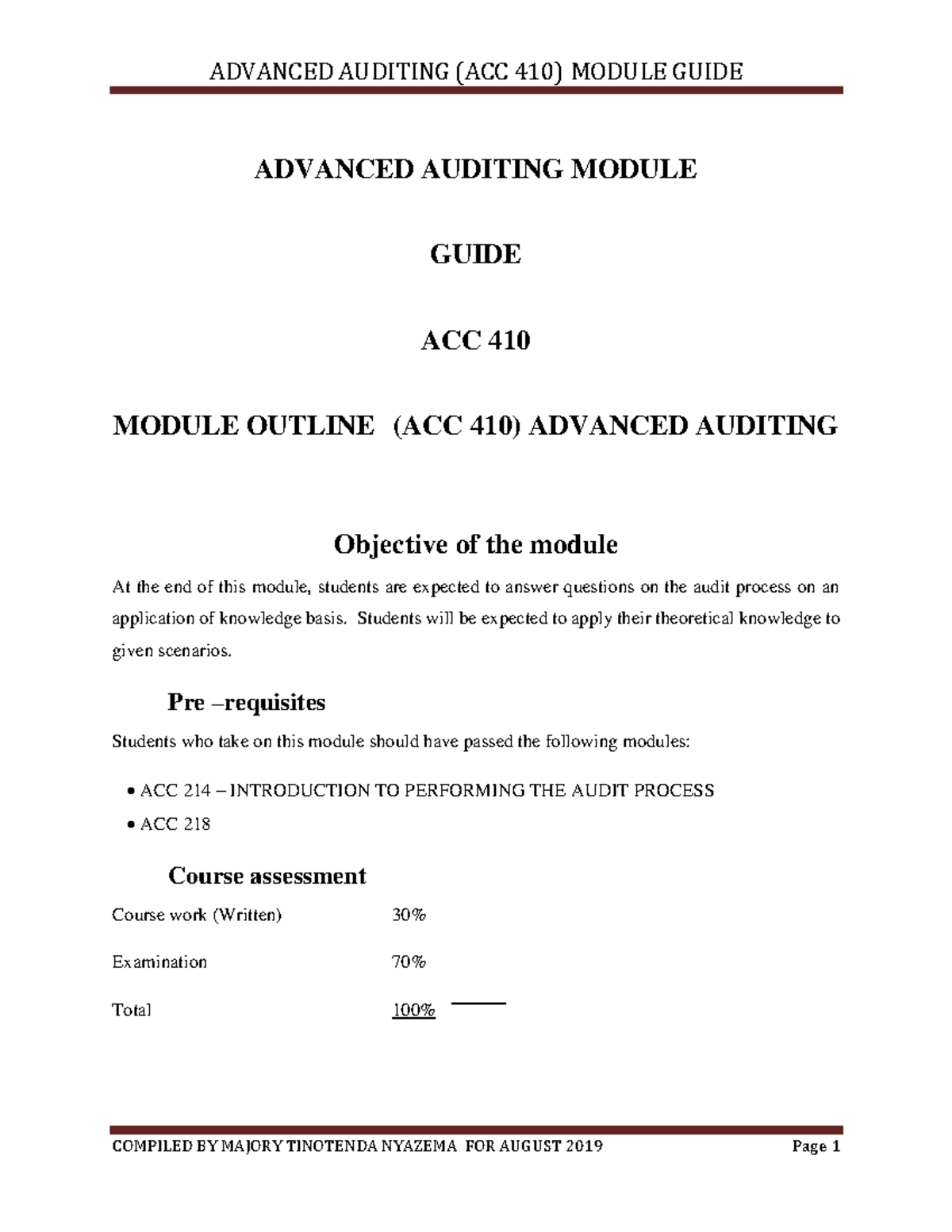 Advanced Auditing Module Guide - ADVANCED AUDITING MODULE GUIDE ACC 410 ...
