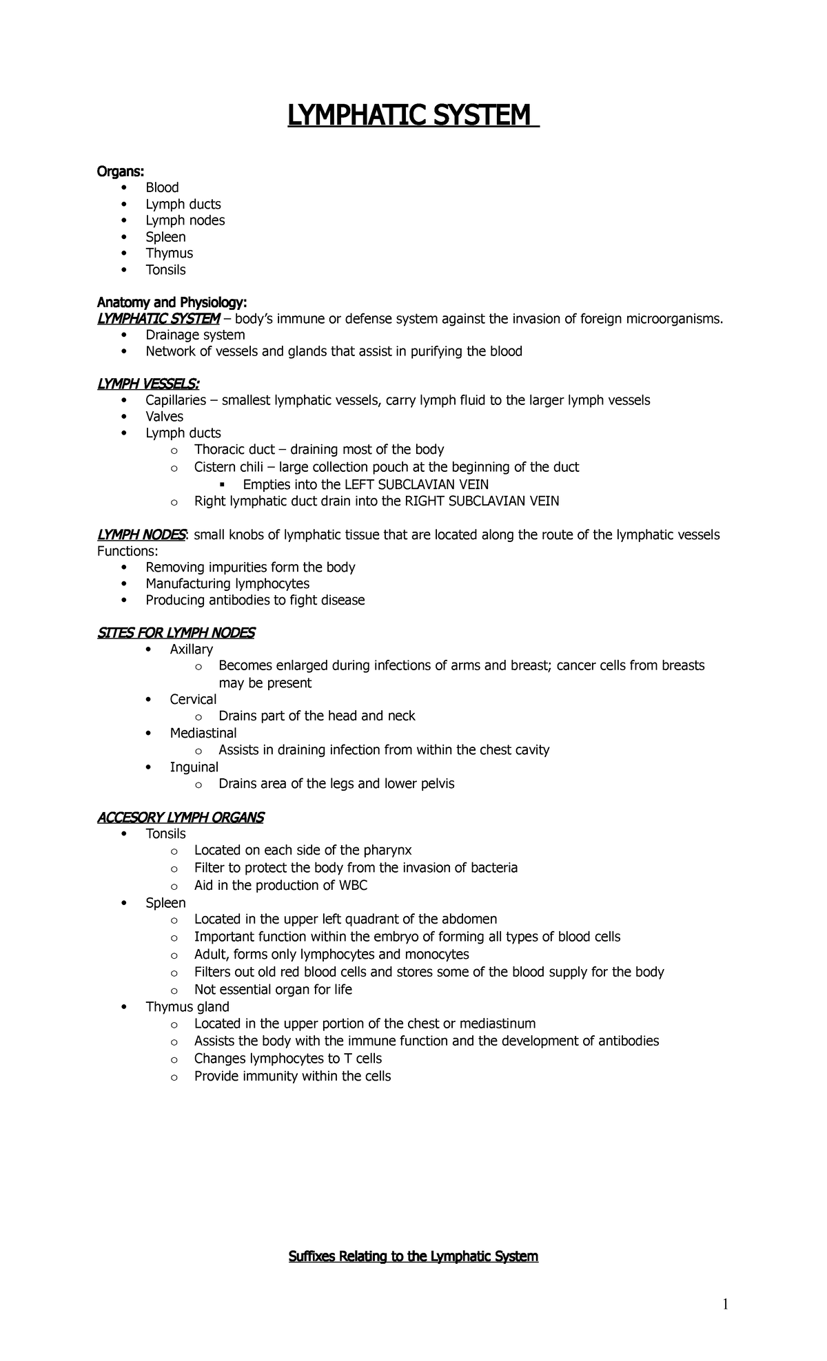 Midterm Lymphatic Notes - LYMPHATIC SYSTEM Organs: Blood Lymph ducts ...
