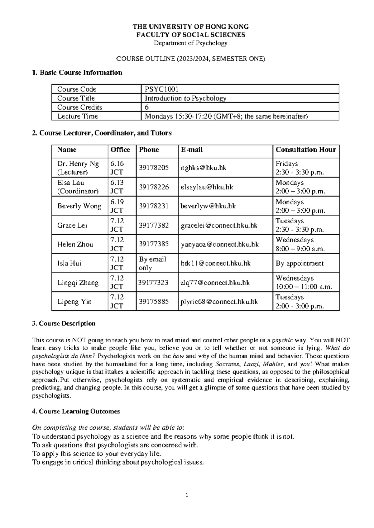 1001 course outline 202324 Autumn - THE UNIVERSITY OF HONG KONG FACULTY ...