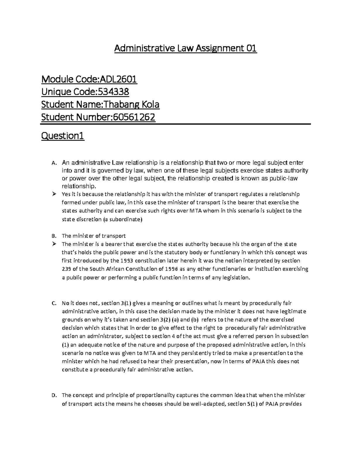 Administrative Law ADL2601 Assignment No 2 notes - ADL2601 - Unisa ...