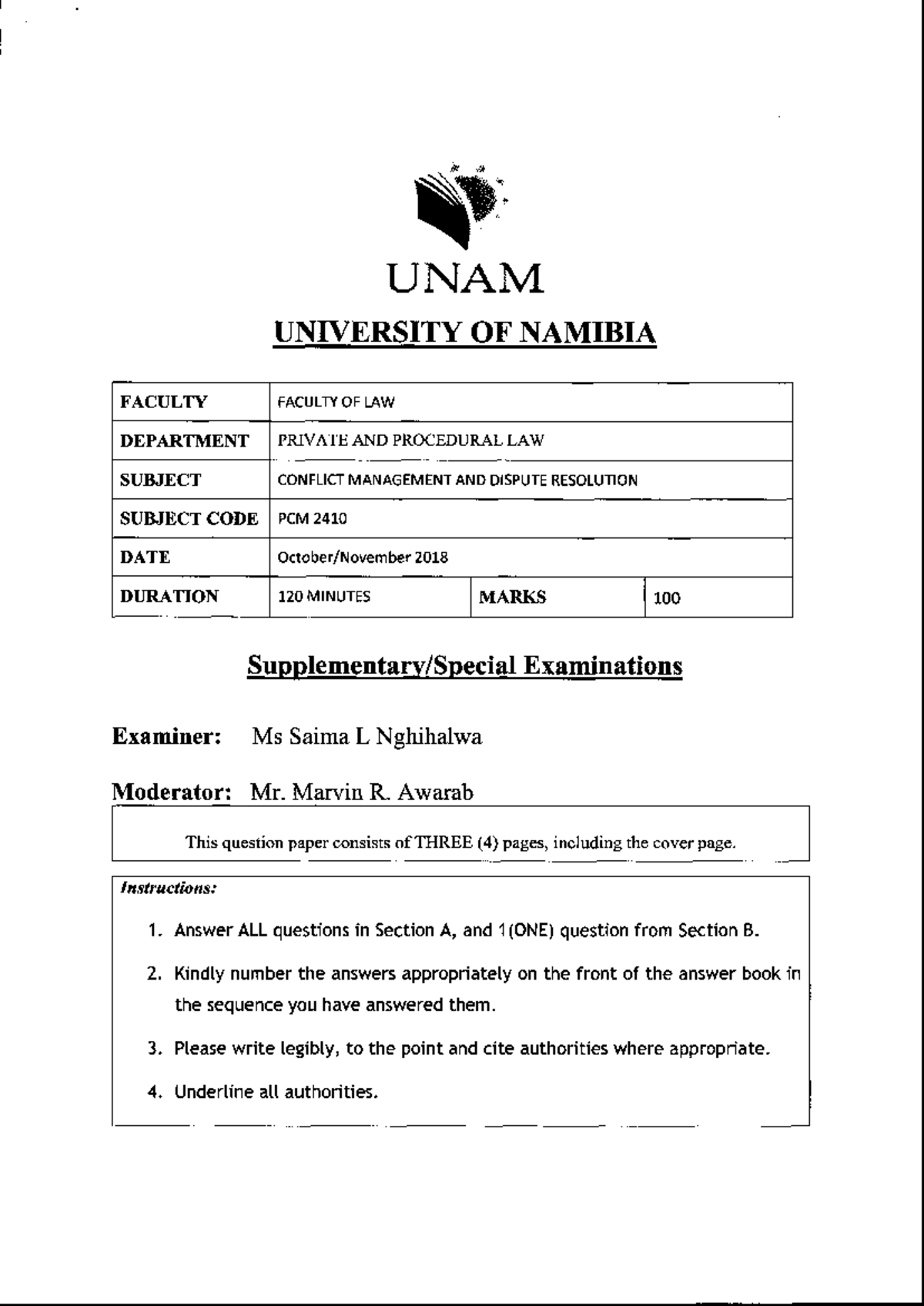 Pcm2410 2018 11 sup - exam paper - Alternative dispute resolution - Studocu