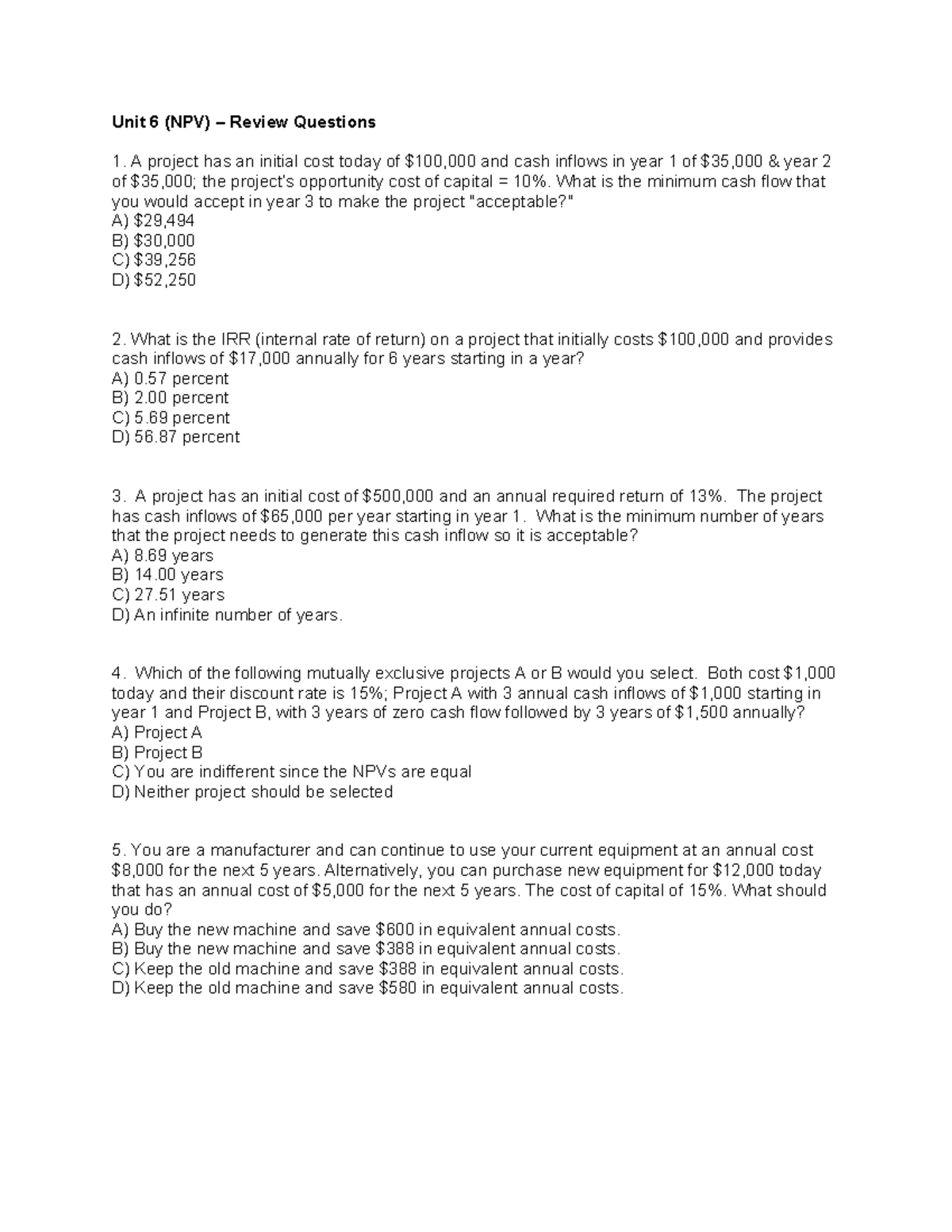 Unit 6 (Ch.8 NPV) Review Questions - Unit 6 (NPV) – Review Questions A ...