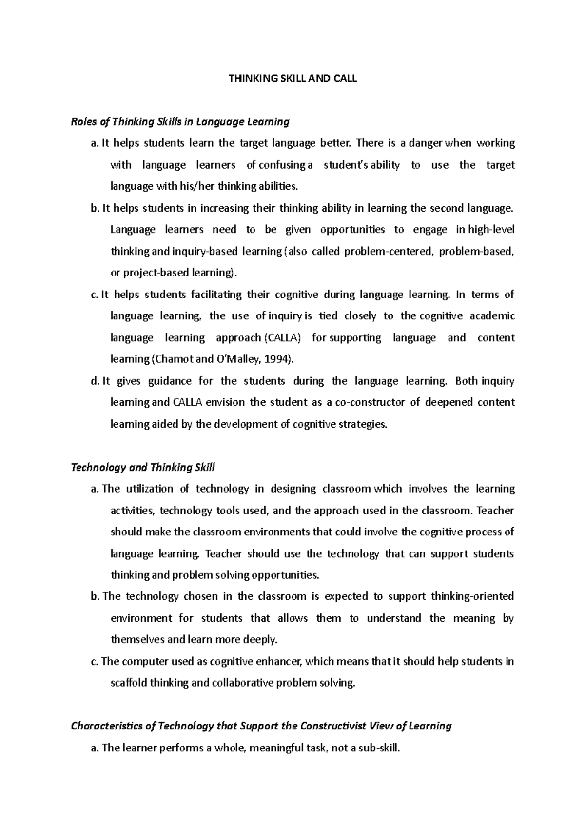 Thinking Skill and CALL - THINKING SKILL AND CALL Roles of Thinking ...