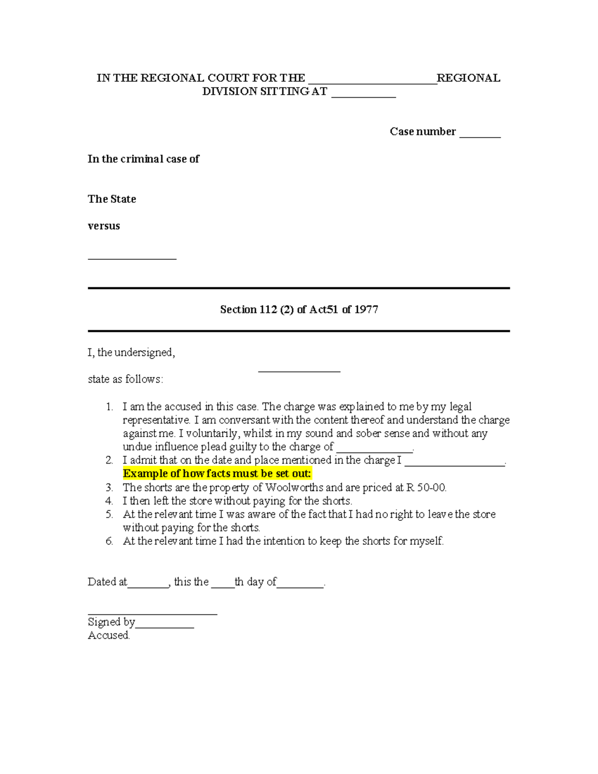 Section 112 Statement Practice IN THE REGIONAL COURT FOR THE