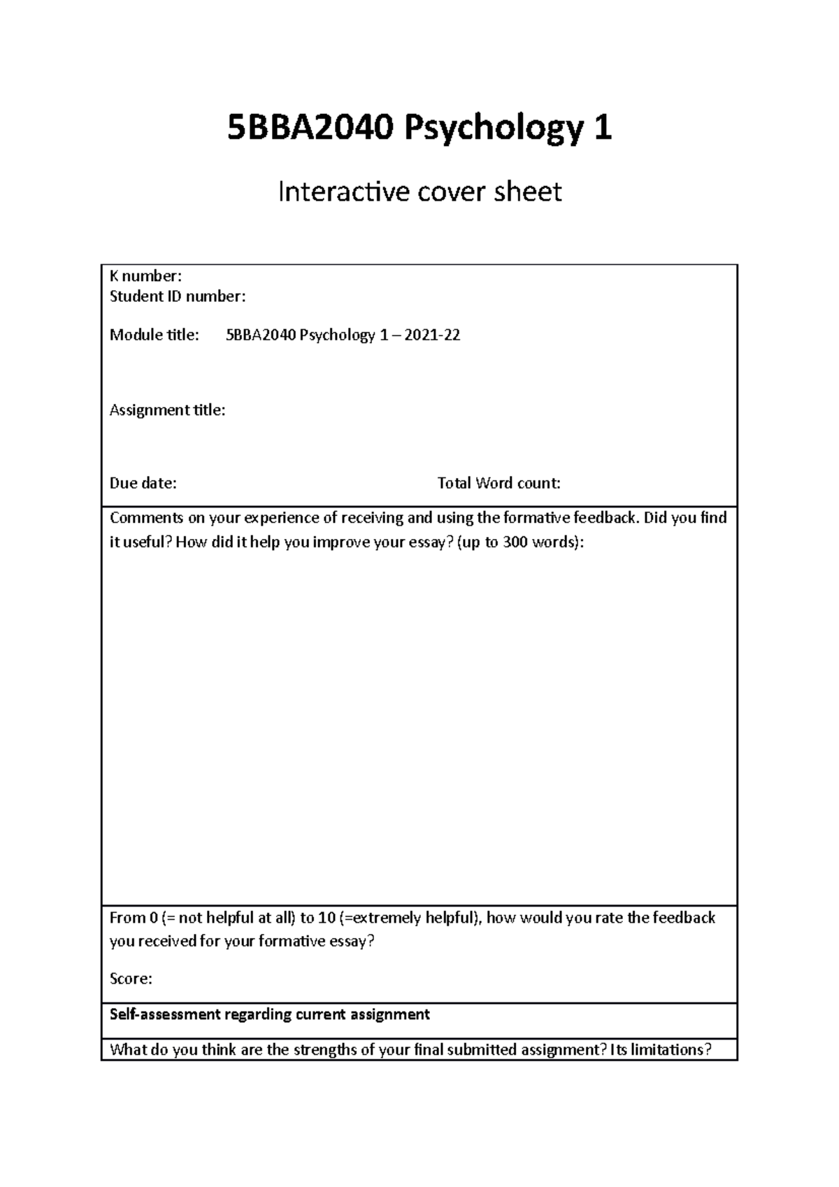 5BBA2040 Psychology 1 Summative Cover Sheet - 5BBA2040 Psychology 1 ...