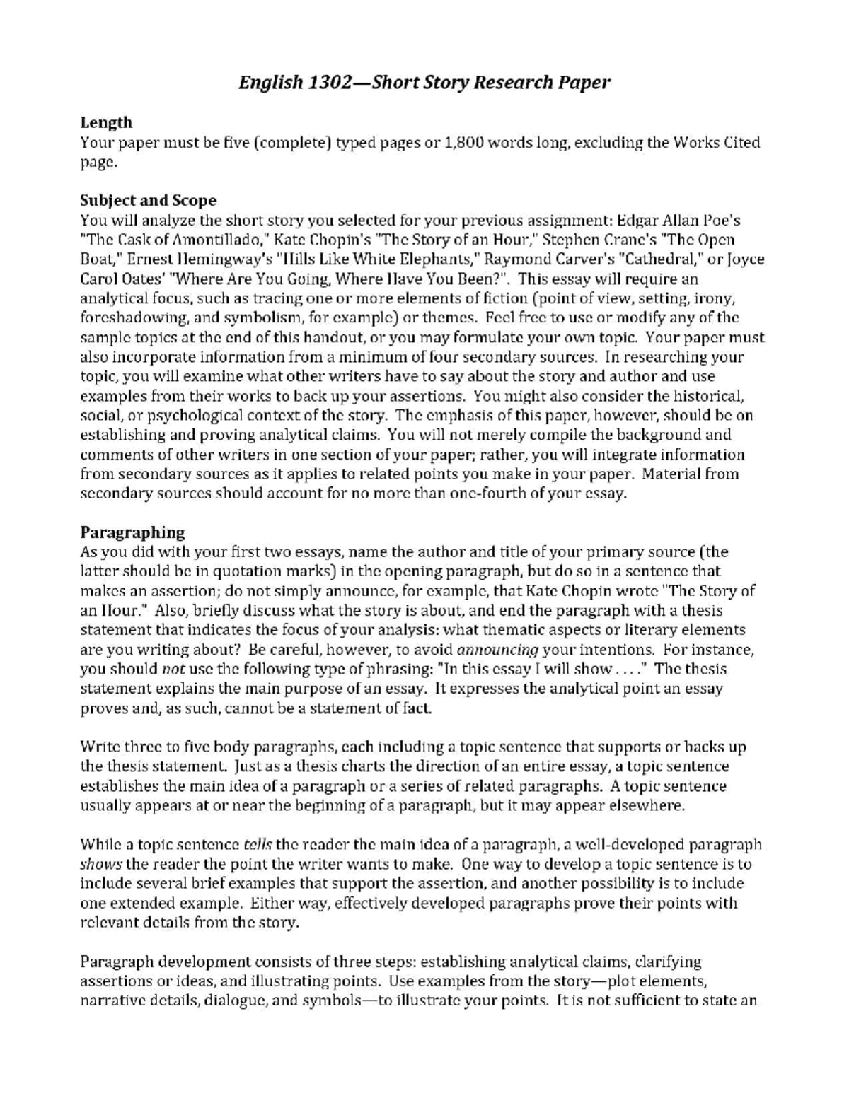 Analytical Research Paper Help 9 English 1302 Short Story Research