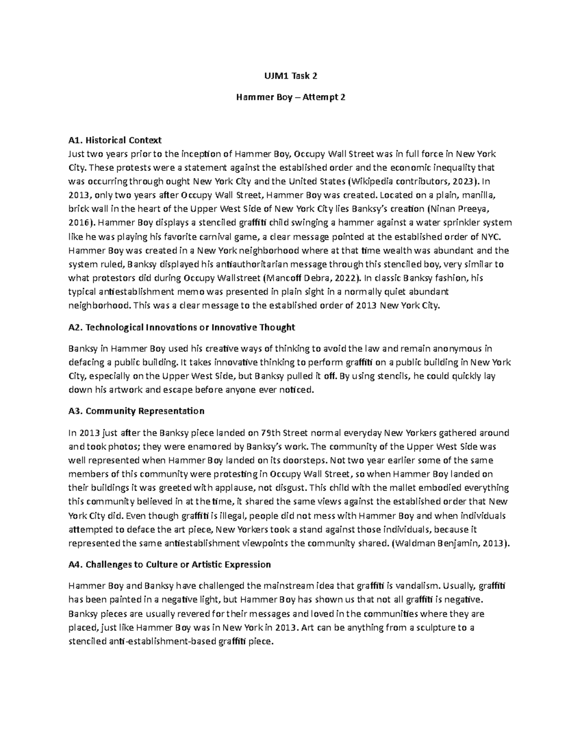 Task 2 - D198 Global Art and Humanities - UJM1 Task 2 Hammer Boy – Attempt 2 A1. Historical ...