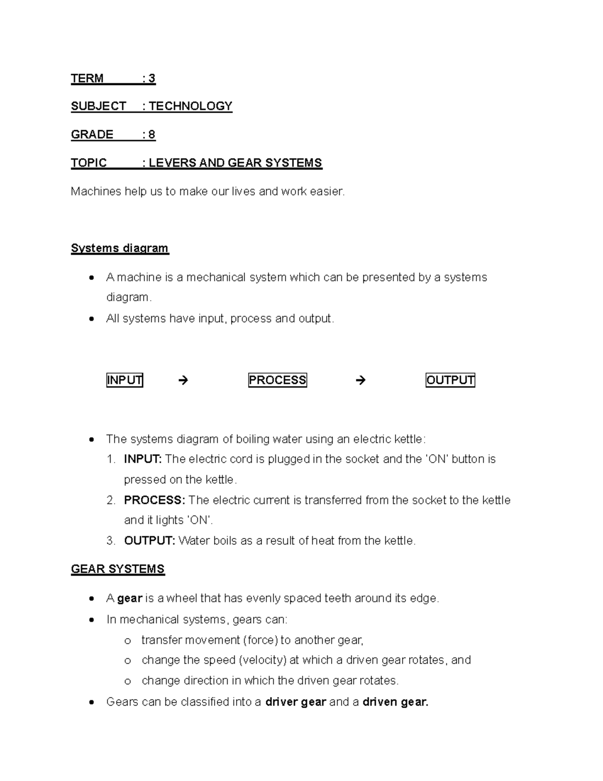 GEAR Systems, Levers, MA (TERM 3) 042932 - TERM : 3 SUBJECT ...