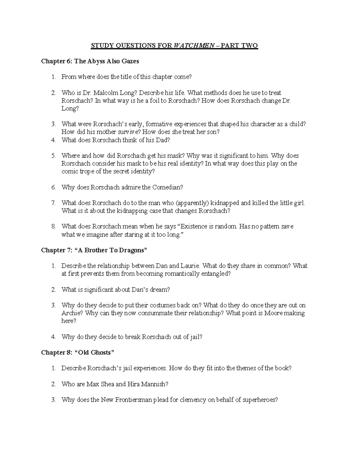 2 Study Questions for Watchmen Ch. 6-8 - STUDY QUESTIONS FOR WATCHMEN ...