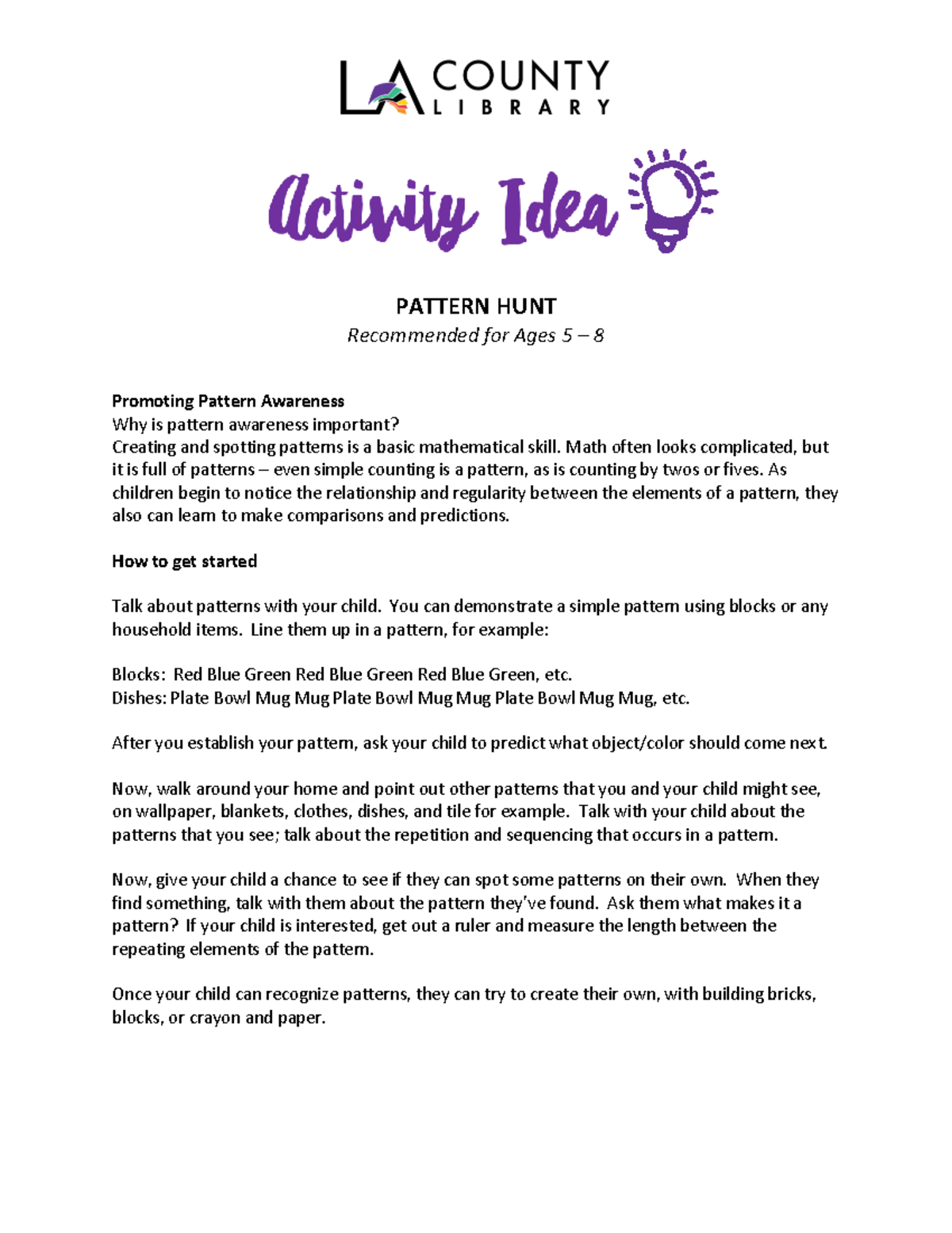 Activity Idea Kids Ages5-8 Pattern Hunt - PATTERN HUNT Recommended for ...