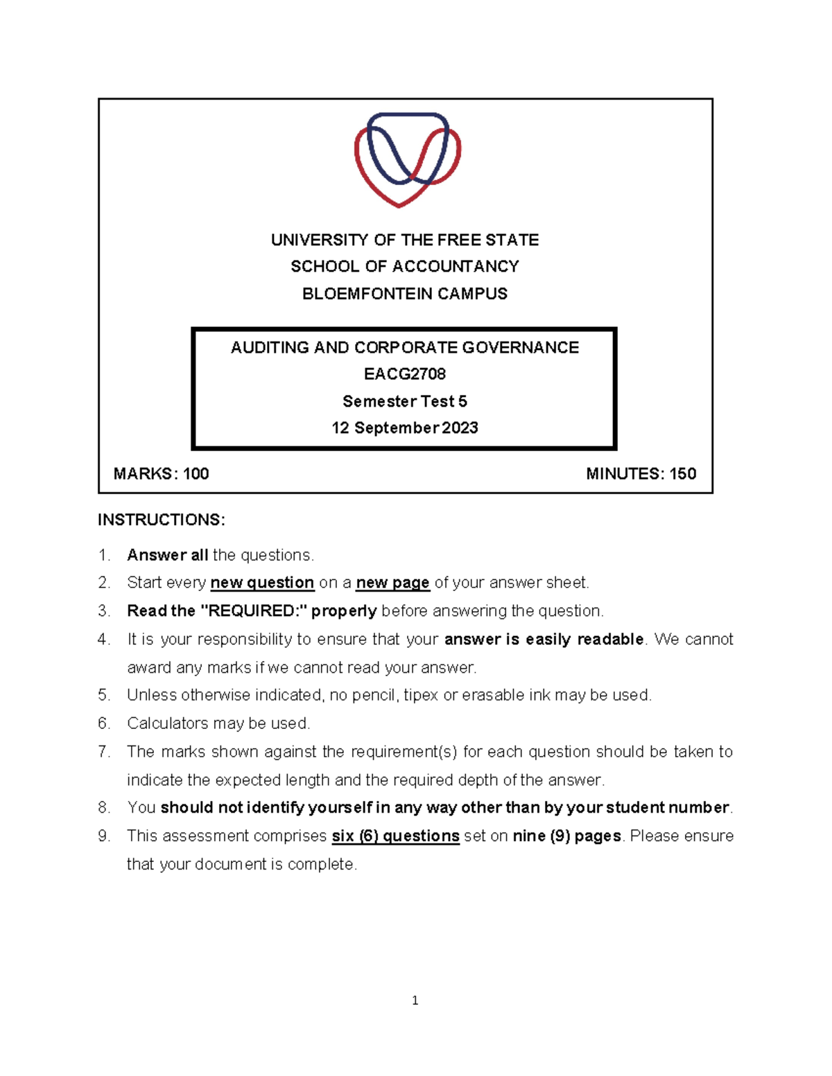 EACG2708 Test 5 - Test 5 2023 - UNIVERSITY OF THE FREE STATE SCHOOL OF ...