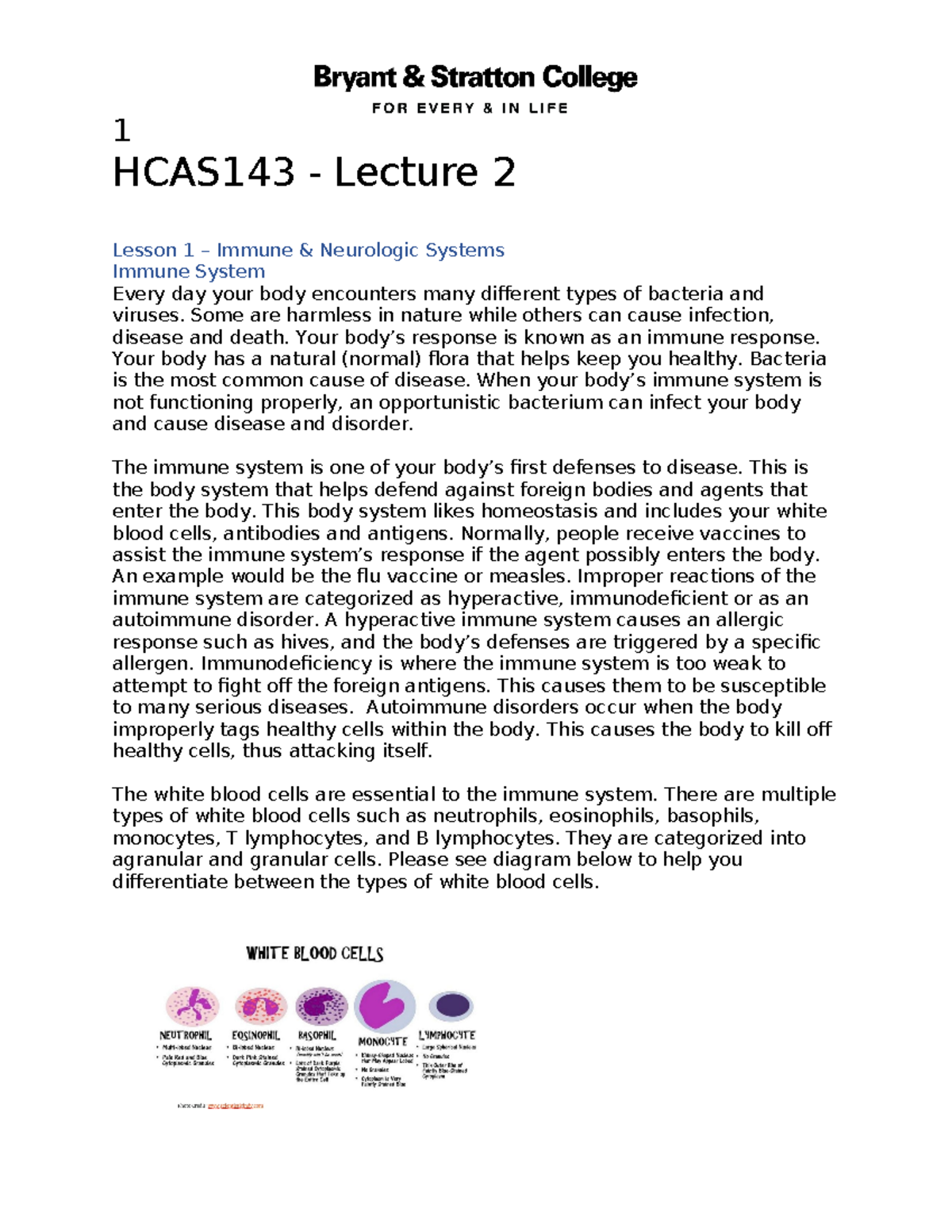 HCAS143 - Lecture 2 - notes - 1 HCAS143 - Lecture 2 Lesson 1 – Immune ...