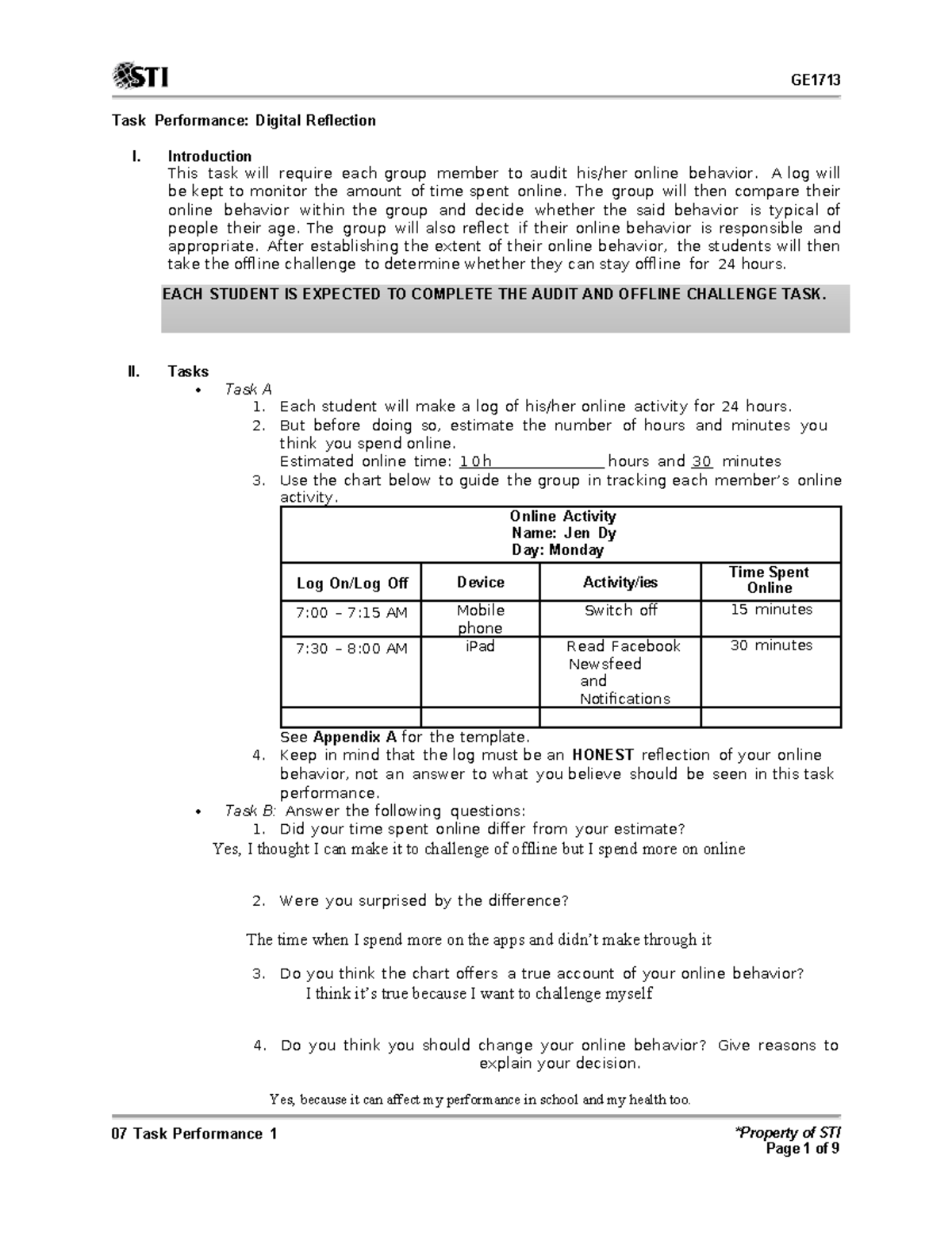 Sts Sts Sts Sts 07 Task Performance 1 Property Of Sti Task Performance Digital Reflection I