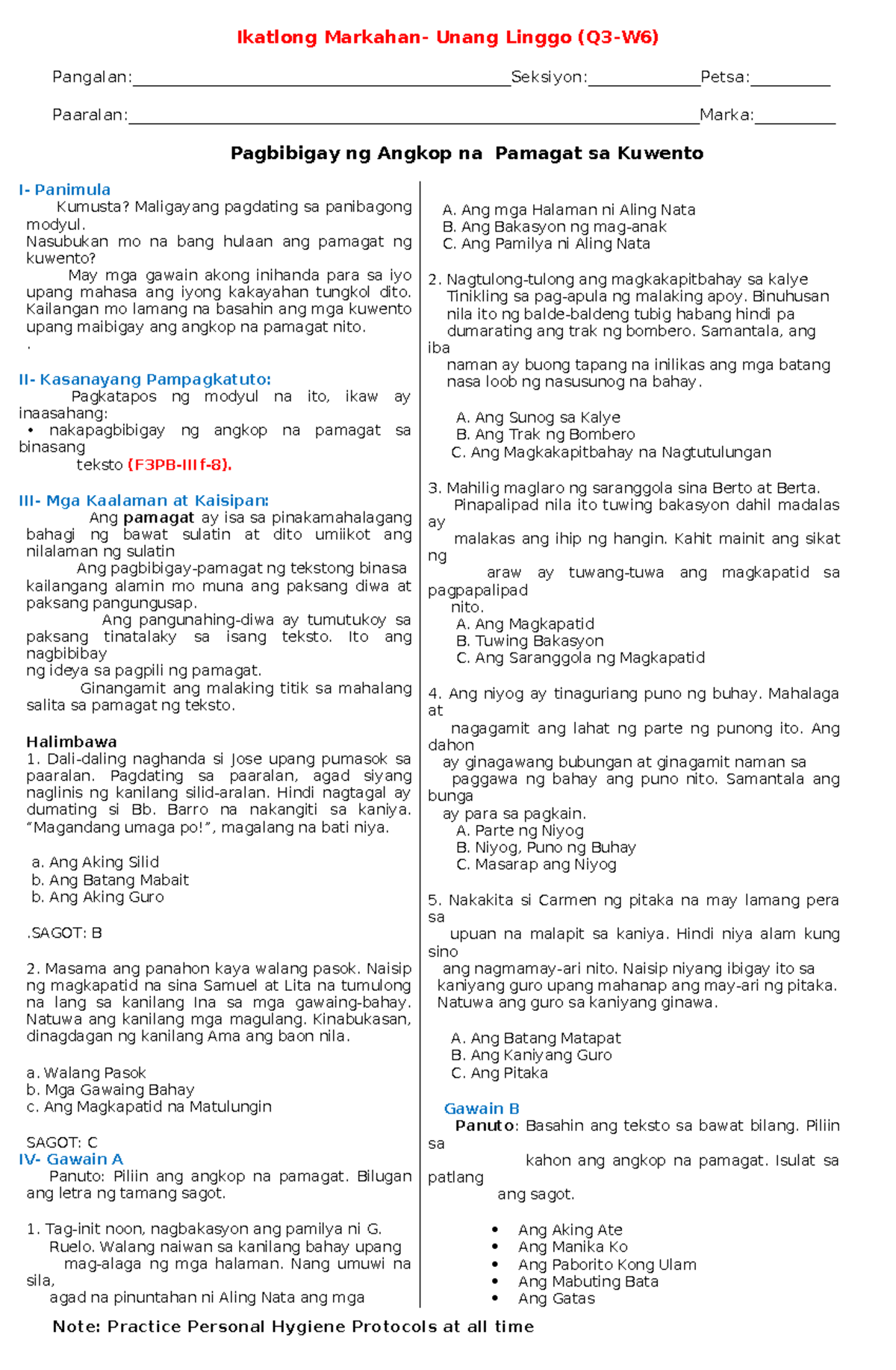 Learning Activity Sheets Filipino Grade III-Q3-week 6 - Ikatlong ...