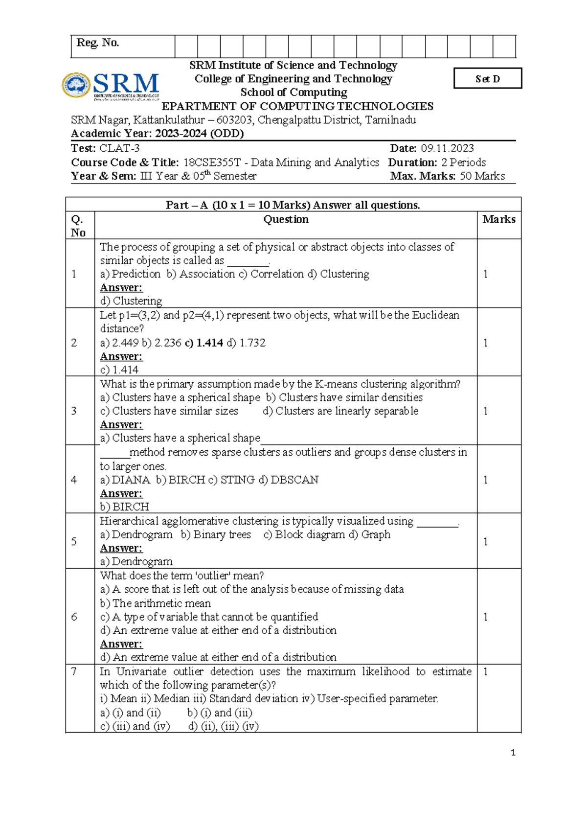 DMA CLAT3 Answer Key 9 11 2023 Set D Updated - Reg. No. SRM Institute of Science and Technology ...