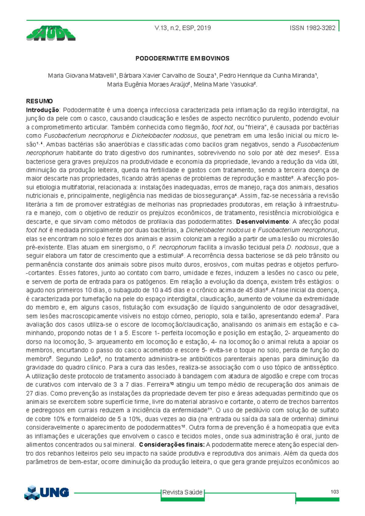 Pododermatite bovino 1 - Revista Saúde 103 V, n, ESP, 2 019 ISSN 1982 ...