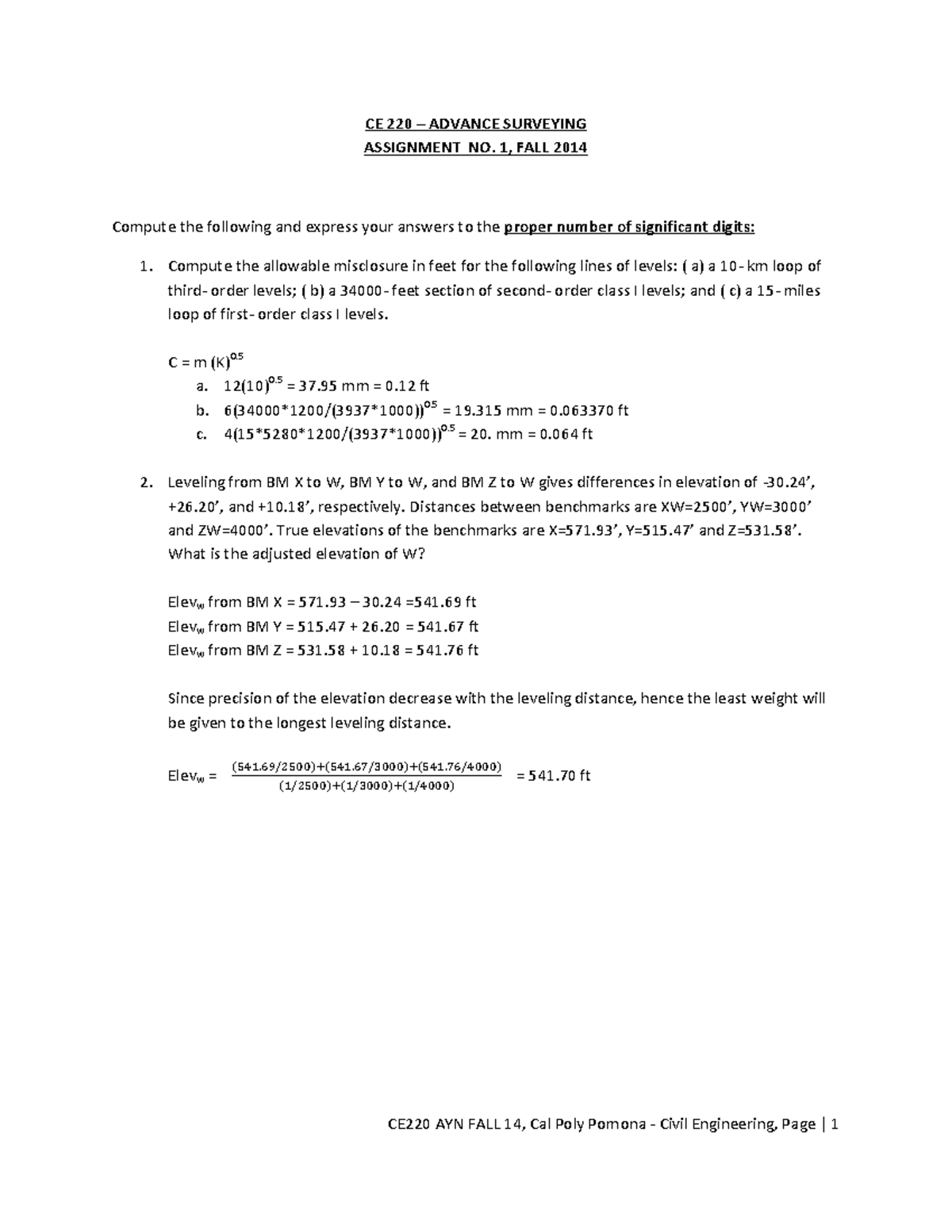 CE 220 HW1 Solutions 1 - CE220 AYN FALL 14, Cal Poly Pomona -­‐ Civil ...
