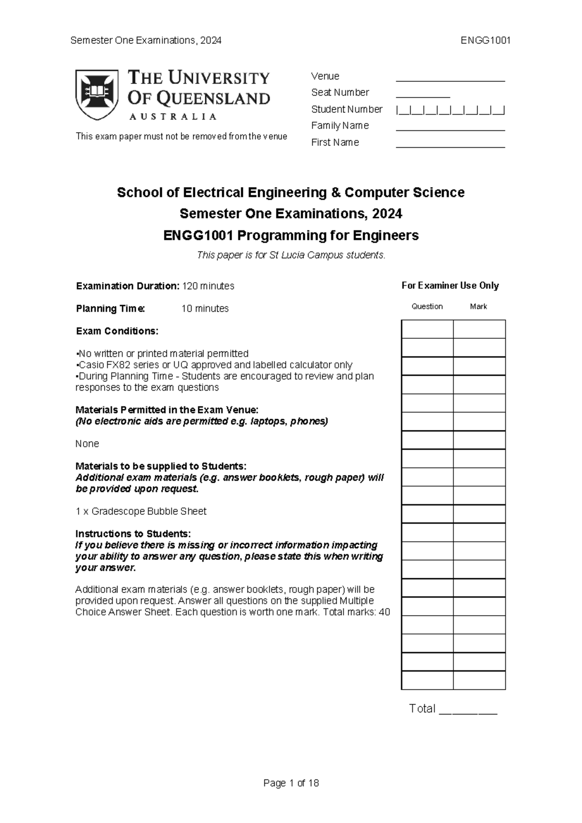 Semester One Examinations 2024 ENGG1001 - This exam paper must not be removed from the venue ...