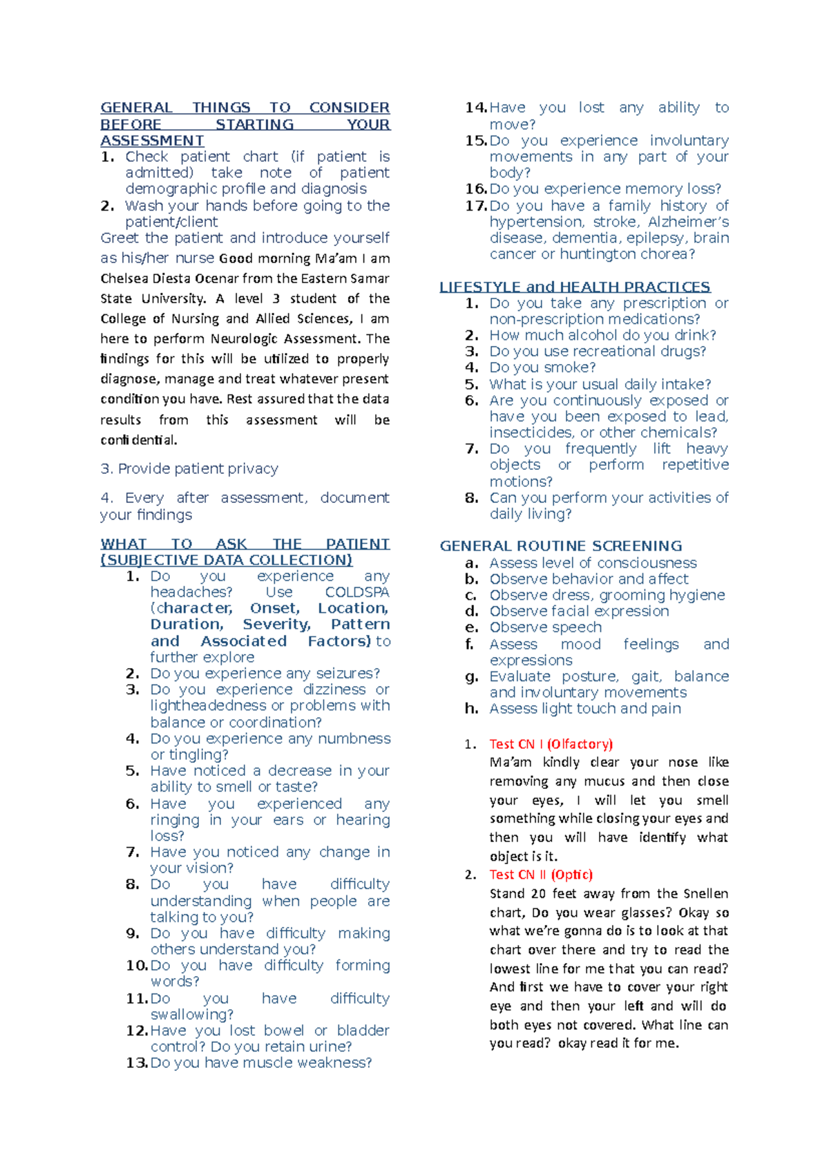 Scipt for HA Nuero Ret Dem General Things TO Consider Before Starting ...