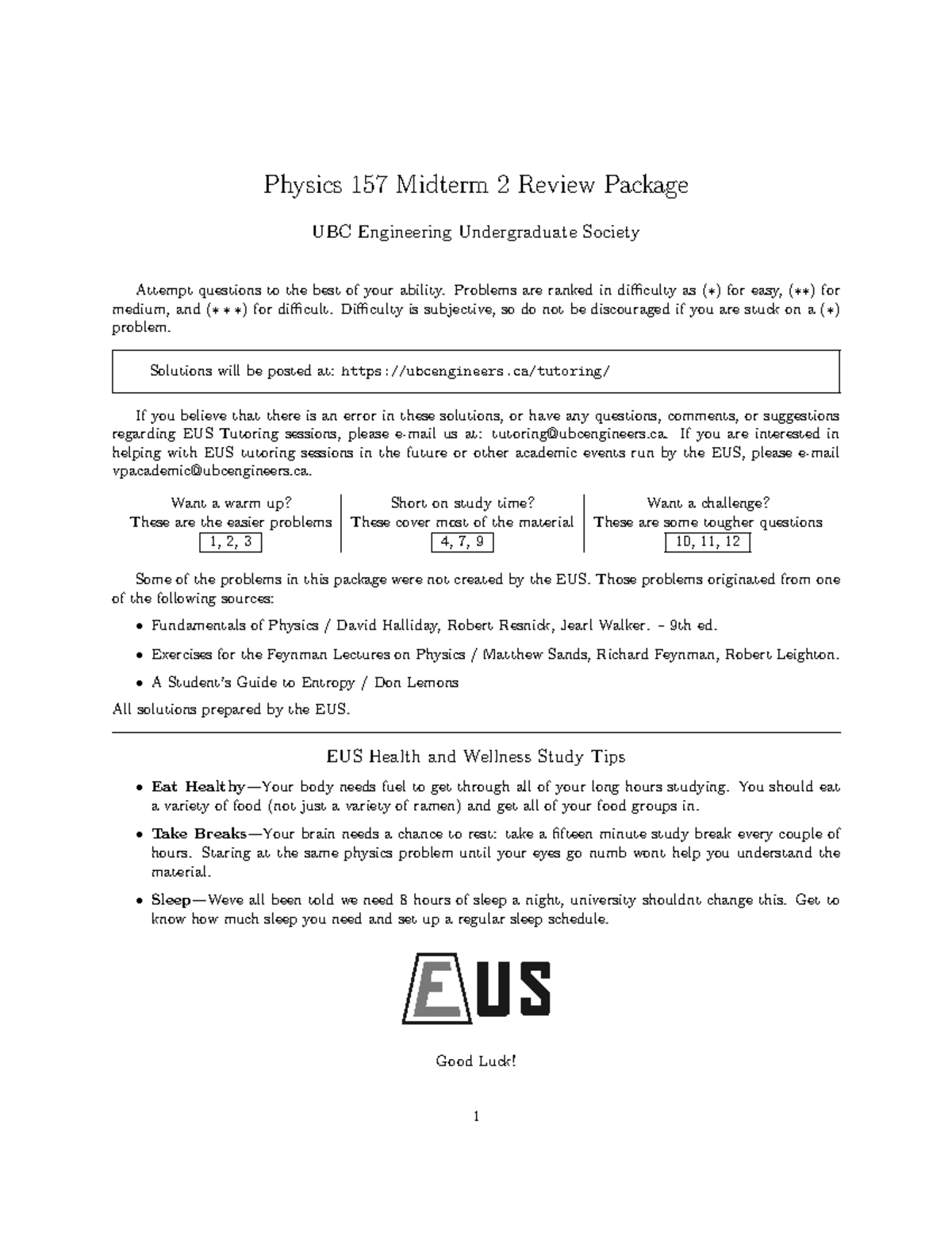 Physics 157 Midterm 2 Review Package Complete - Physics 157 Midterm 2 Review Package UBC ...