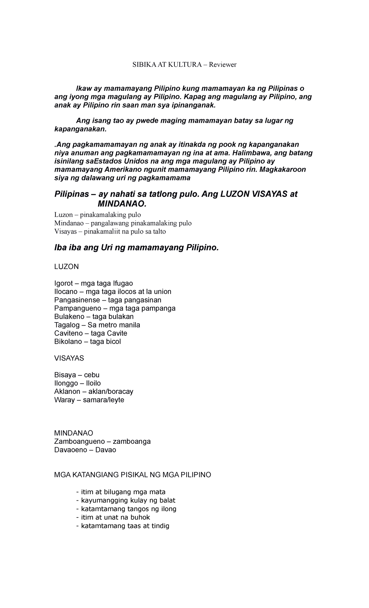 75516096 Sibika at Kultura - SIBIKA AT KULTURA – Reviewer Ikaw ay ...