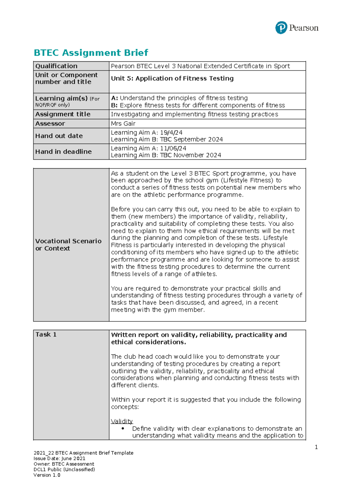 LA A B Unit 5 - Application of Fitness Testing - Copy - BTEC Assignment ...