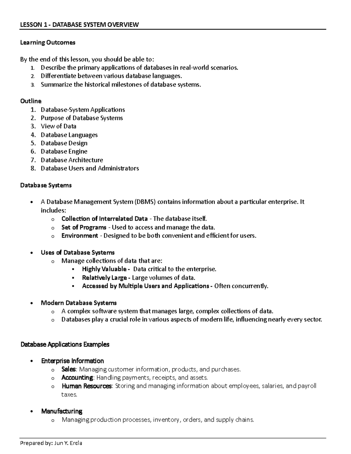 Lesson 1 Database System Overview Lesson 1 Database System Overview Learning Outcomes By The 