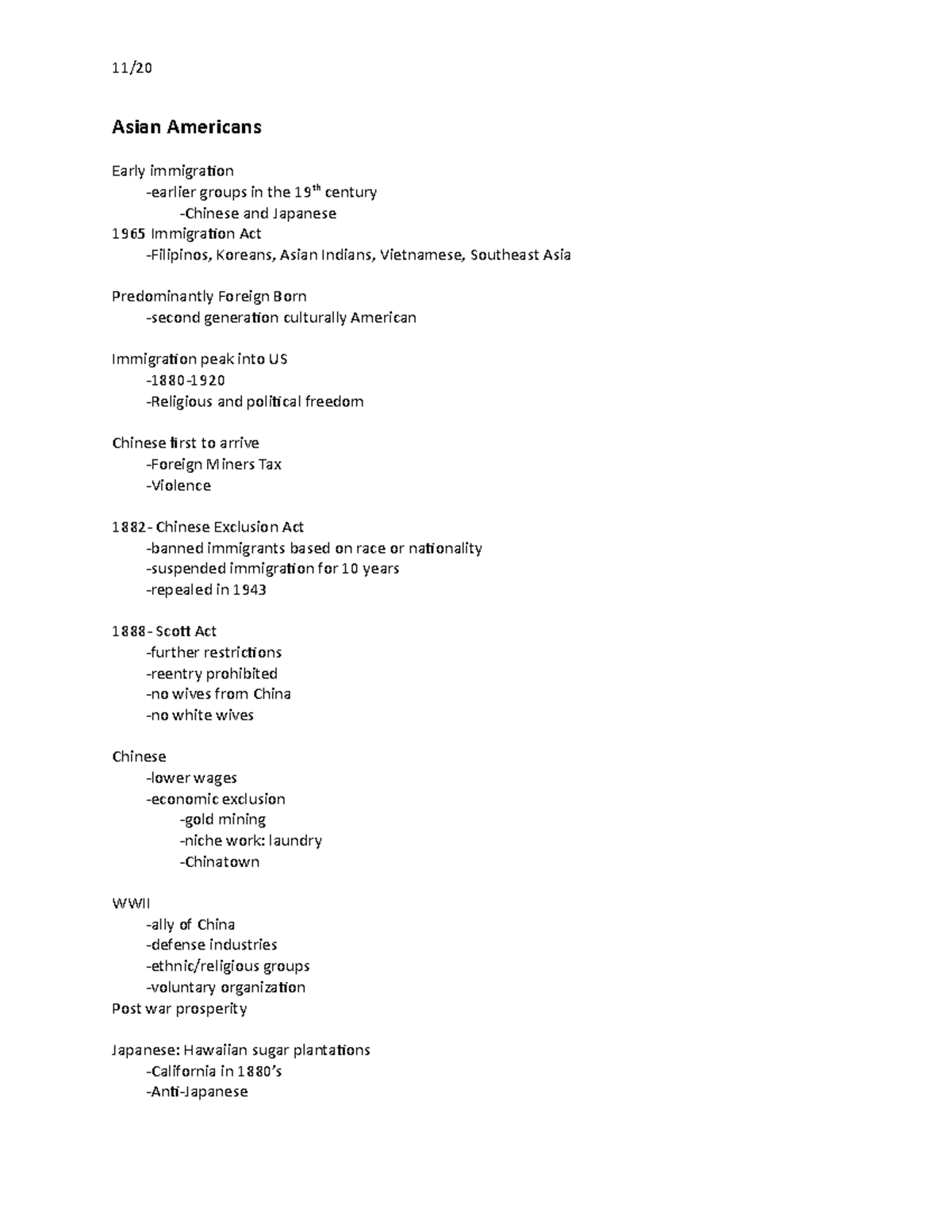 Lecture Notes, Lecture Asian Americans - 11/ Asian Americans Early ...
