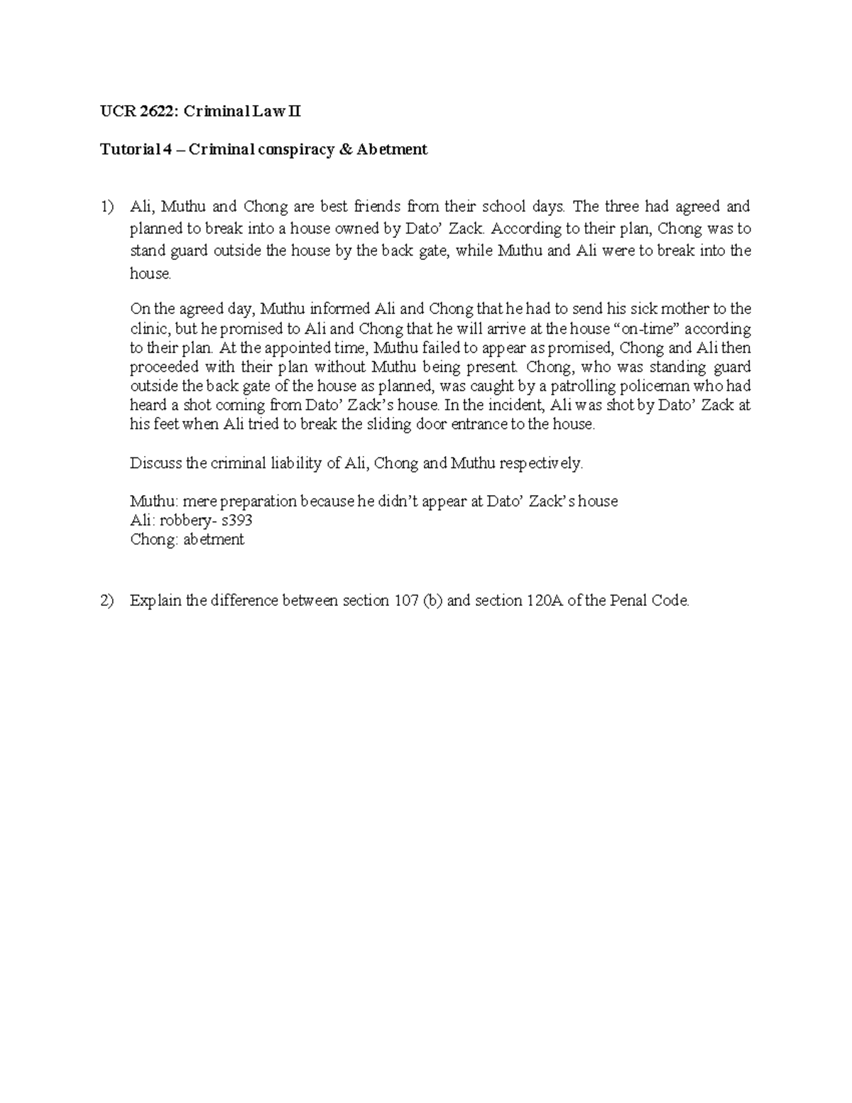 CR Tuto 4 - Tutorial answers - UCR 2622: Criminal Law II Tutorial 4 ...